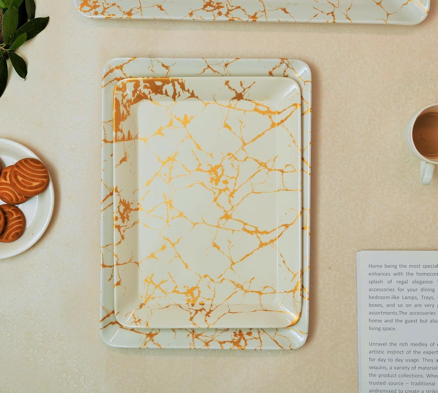 Ariya Elegant Serving Tray Set of 2 White Golden Stylish Tray Tray Set ...