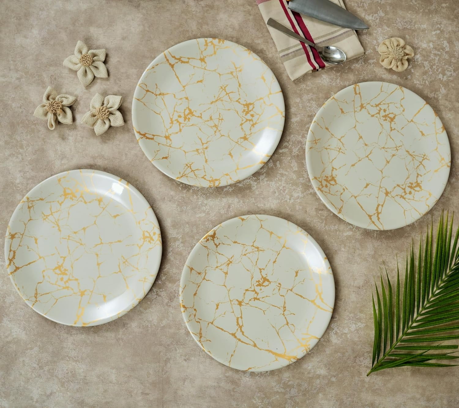 Ariya Set of 4 Melamine Dinner Plates White Golden Dinner Set for ...