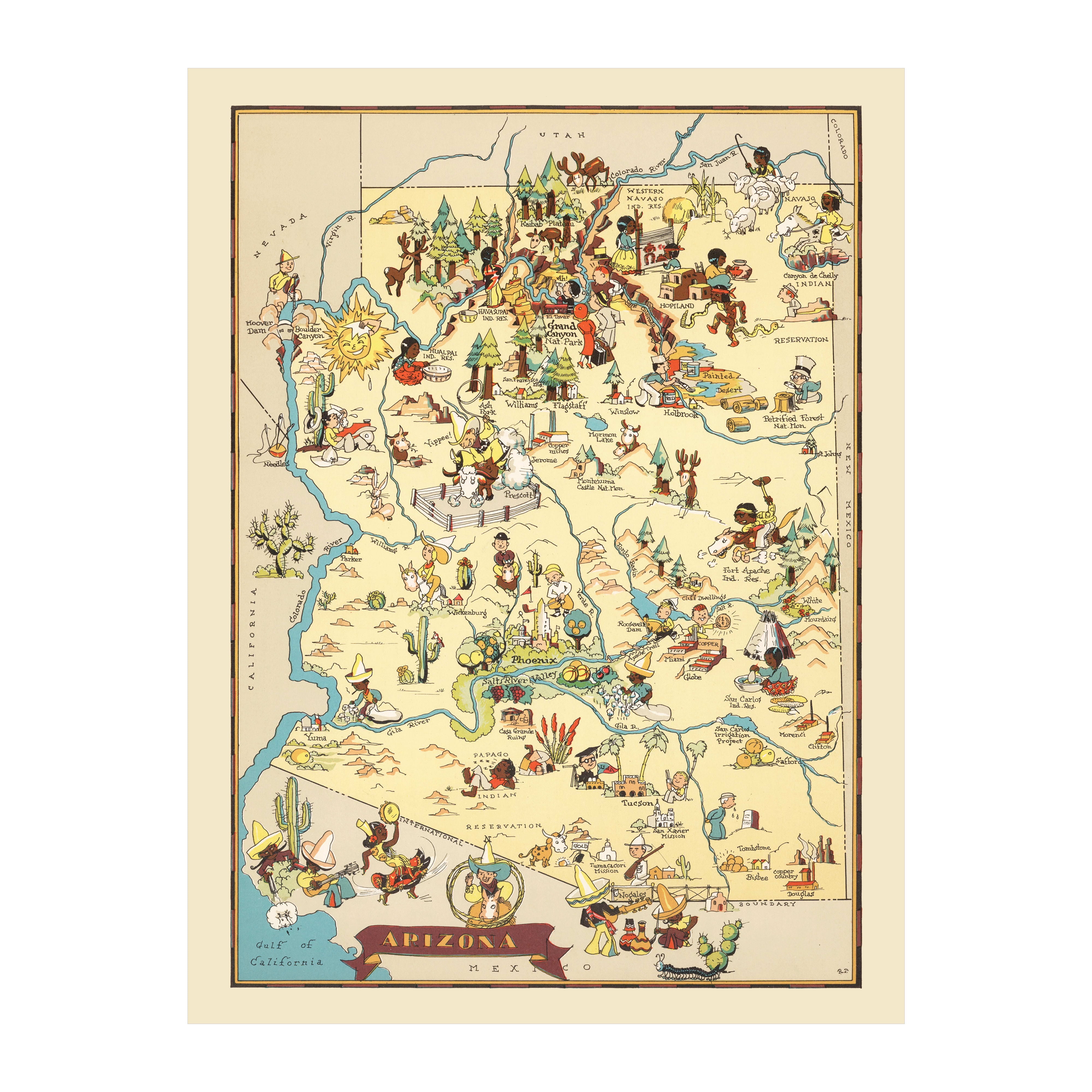 Arizona Art, 1935 Vintage Map of Arizona History Wall Decor Gift, Old ...