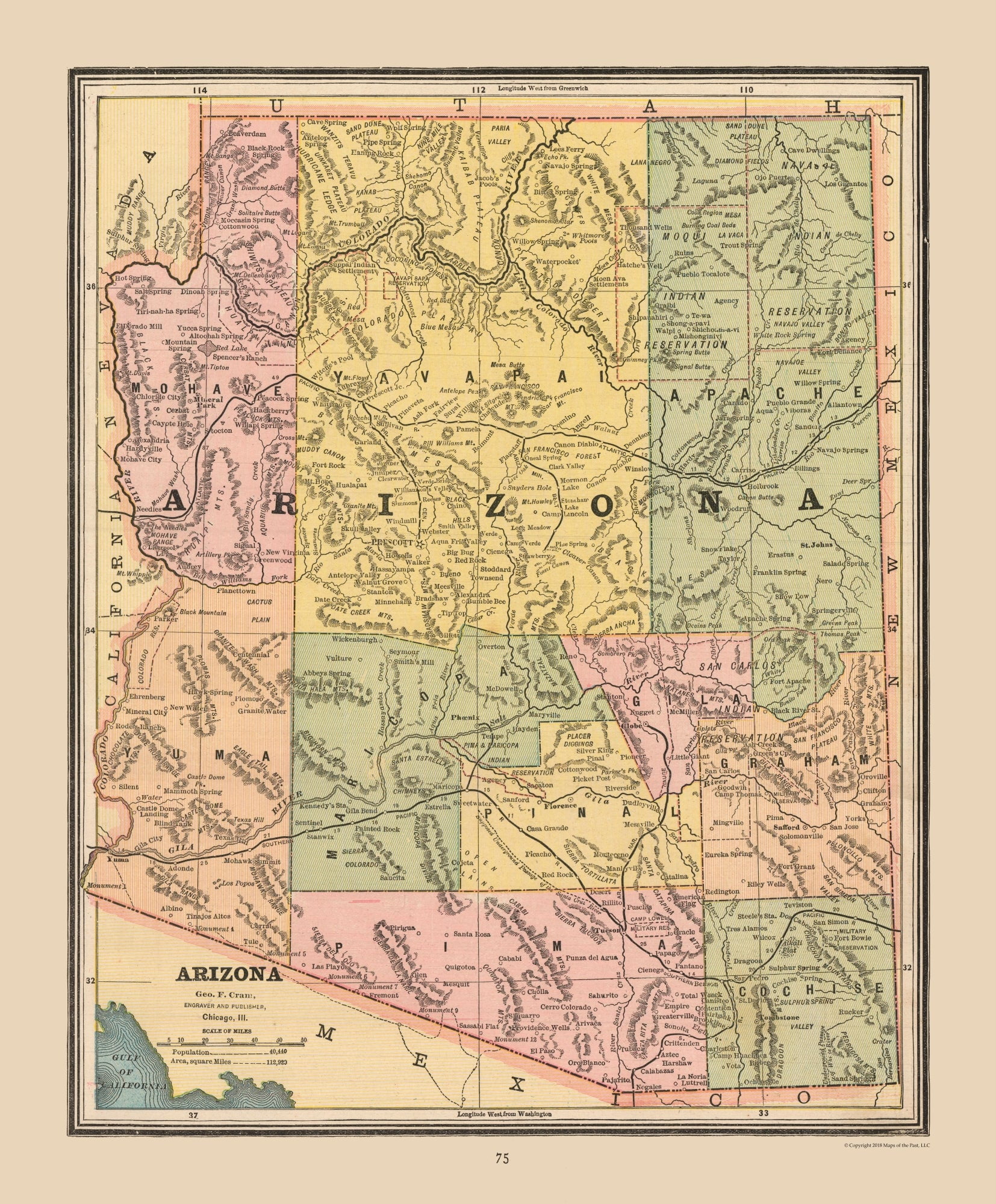 Historic State Map - Arizona - Cram 1888 - 23 x 27.81 - Vintage Wall ...