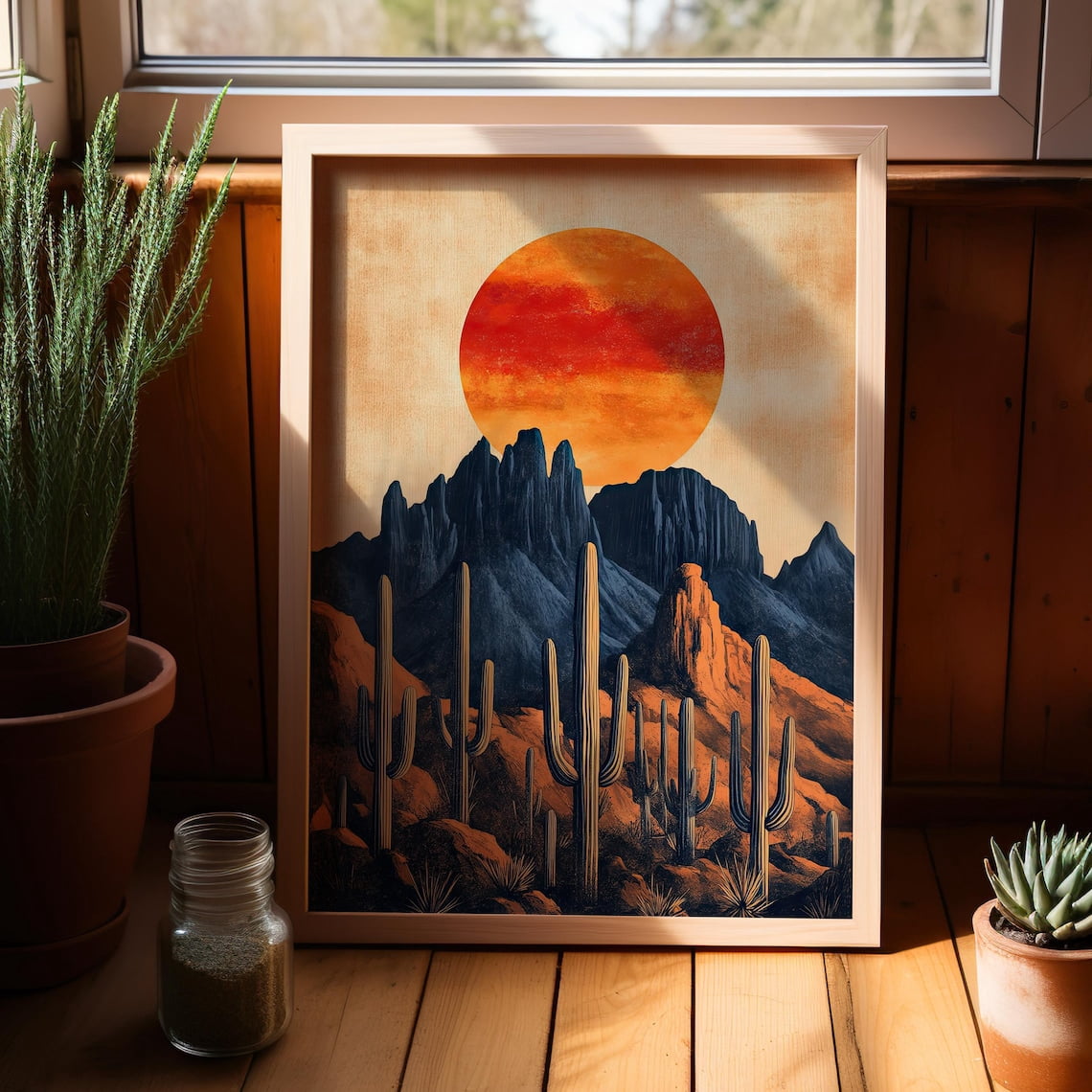 Arizona Desert Under Red Orange Sun Western Botanical Landscape Cactus ...