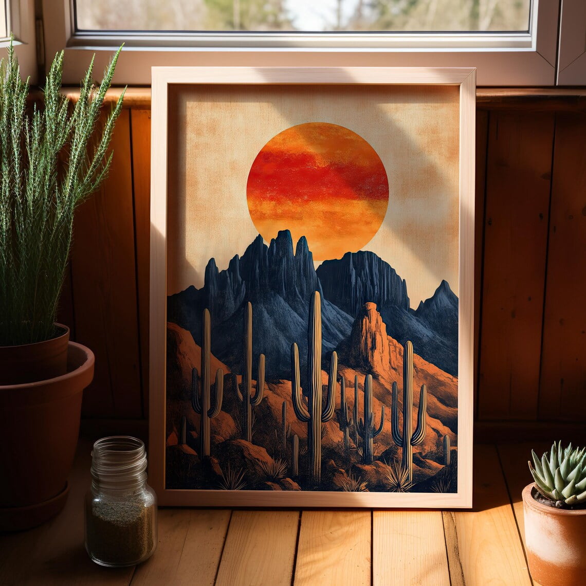 Arizona Desert Under Red Orange Sun Western Botanical Landscape Cactus ...