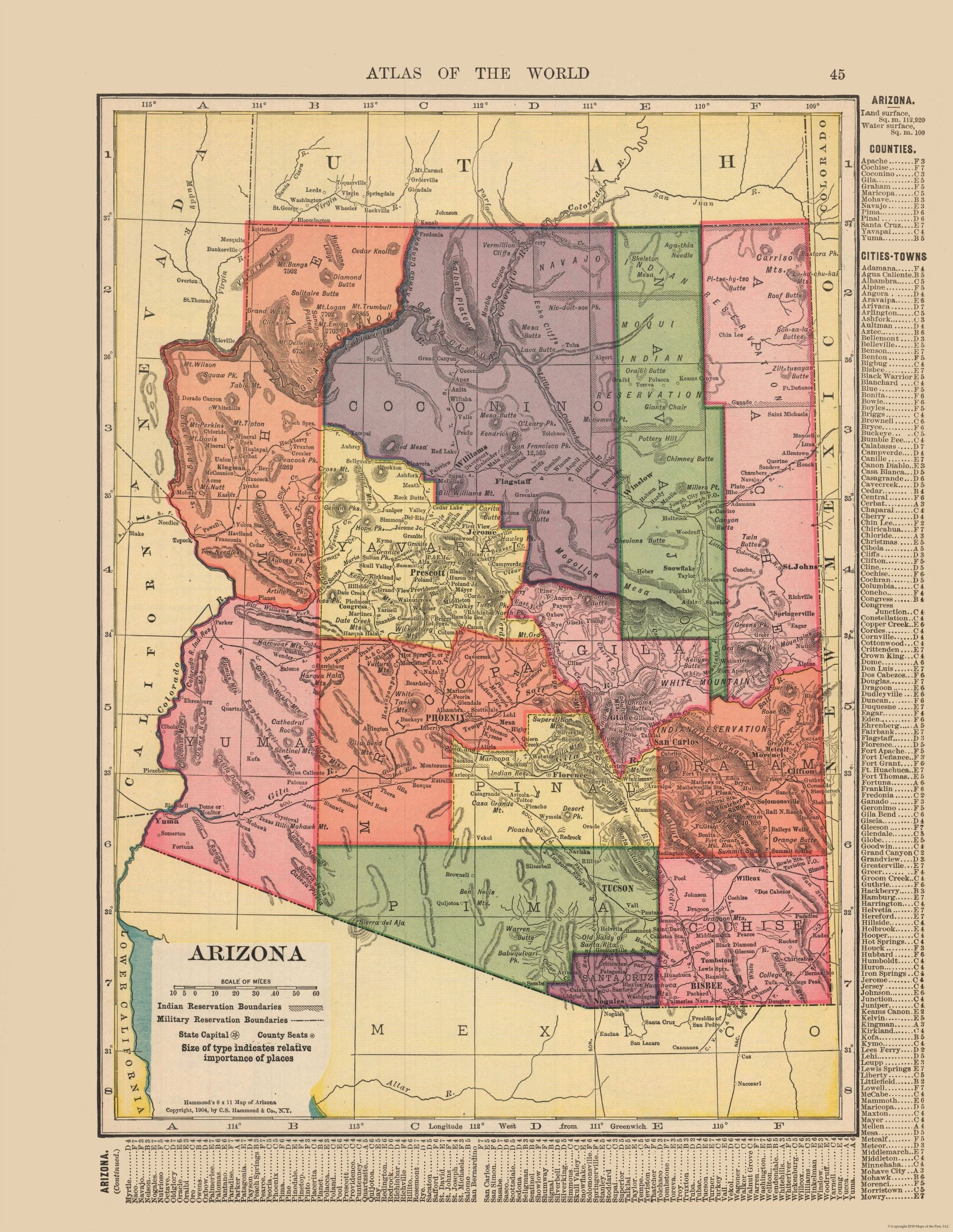 Historic State Map - Arizona - Hammond 1910 - 23 x 29.73 - Vintage Wall ...