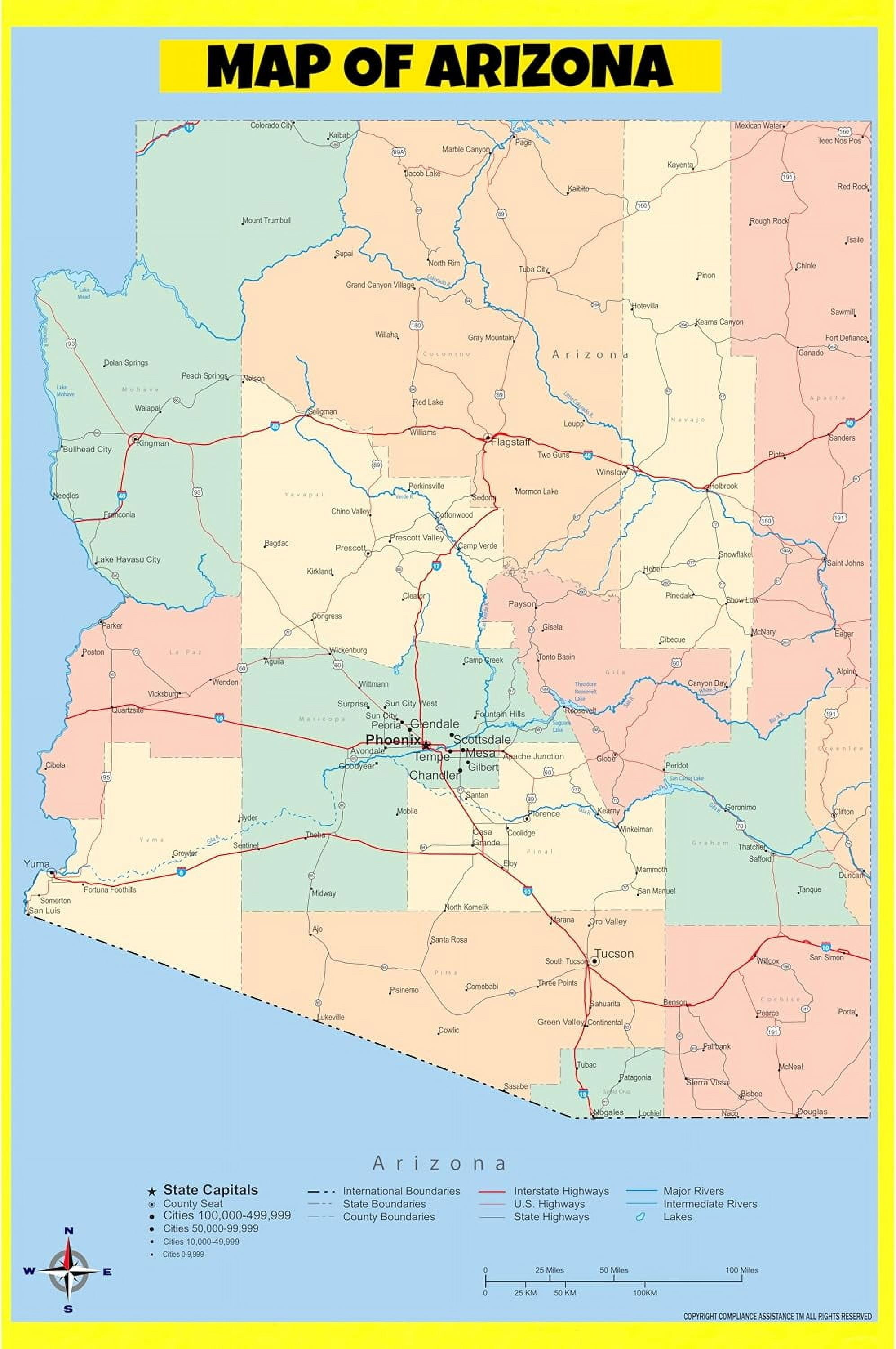 Arizona Map Poster - Laminated Wall Map - Style A - 24x36 - Ideal for ...