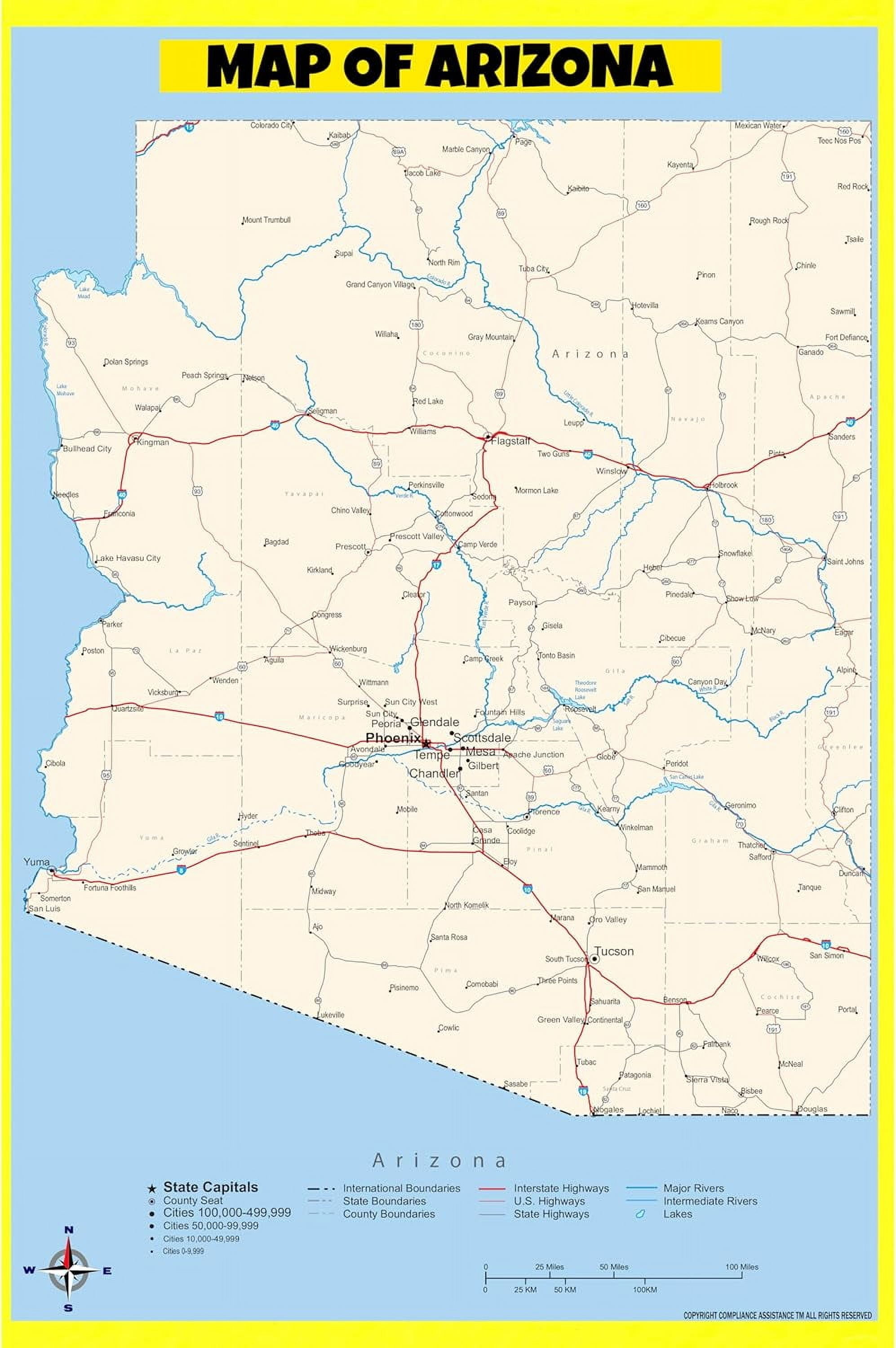 Arizona Map Poster - Laminated Wall Map - Style B - 36x60 - Ideal for ...