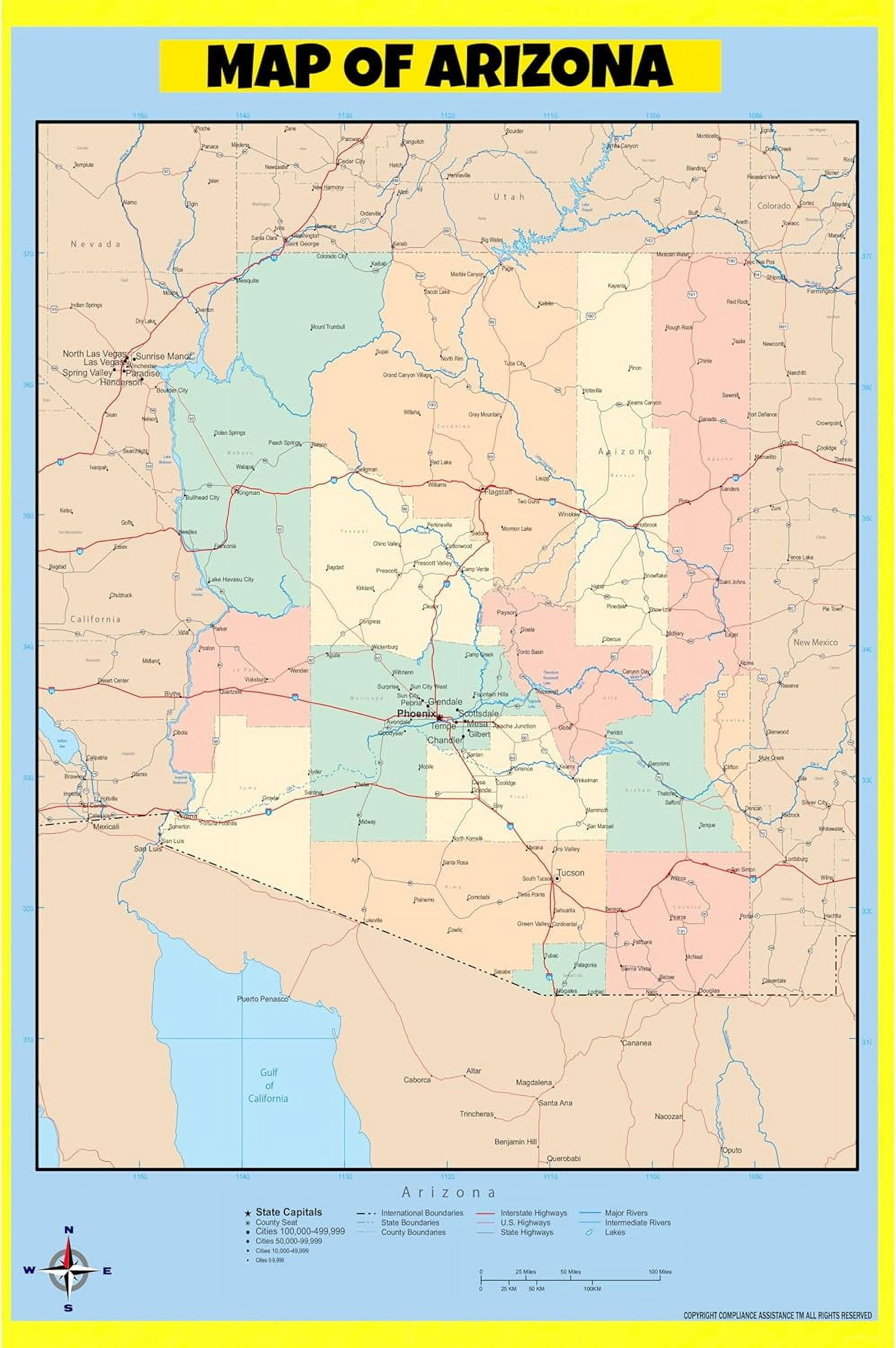 Arizona Map Poster - Laminated Wall Map - Style C - 24x36 - Ideal for Classrooms and Homes ...