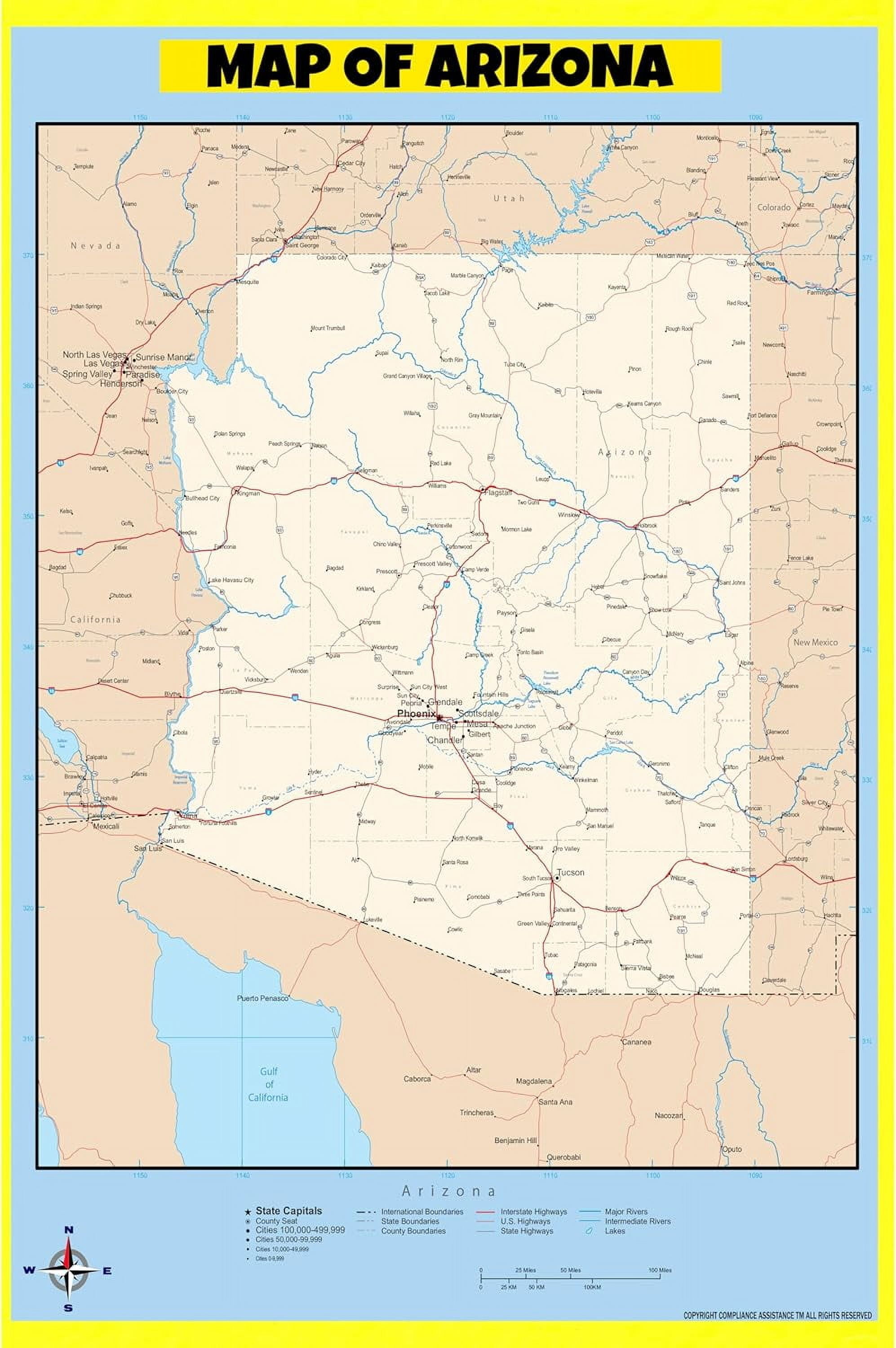 Arizona Map Poster - Laminated Wall Map - Style D - 18x24 - Ideal for ...