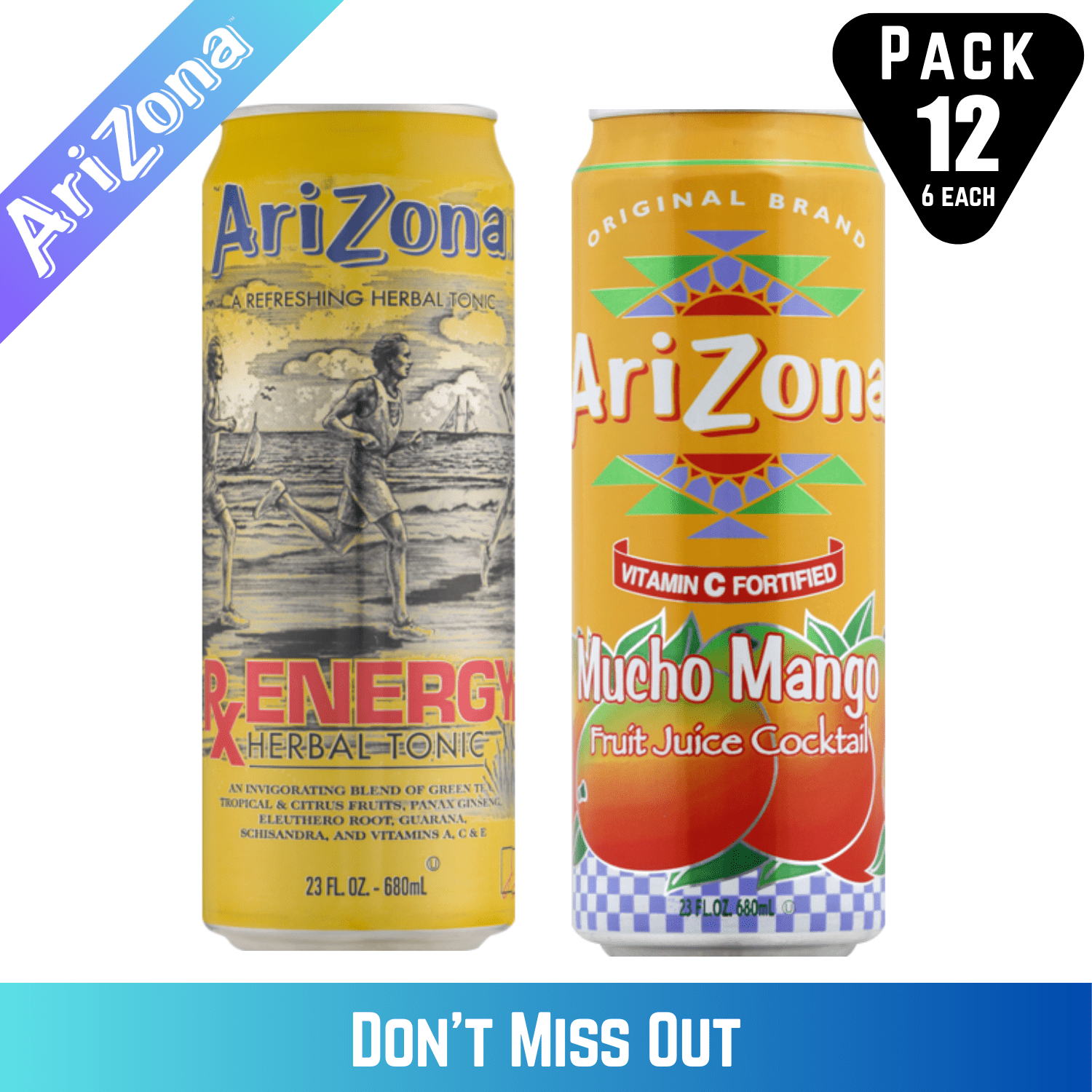 Arizona Mucho Mango and RX Energy Herbal Tonic Drinks, 23 fl oz Cans ...