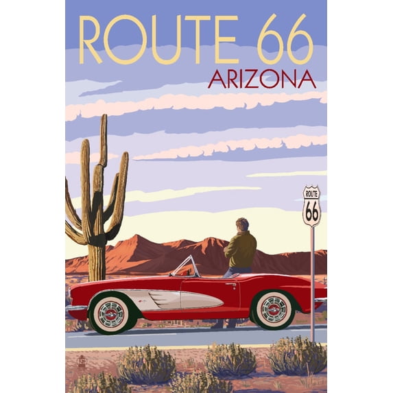 Arizona, Route 66, Classic Car with Red Rocks (12x18 Wall Art Poster ...