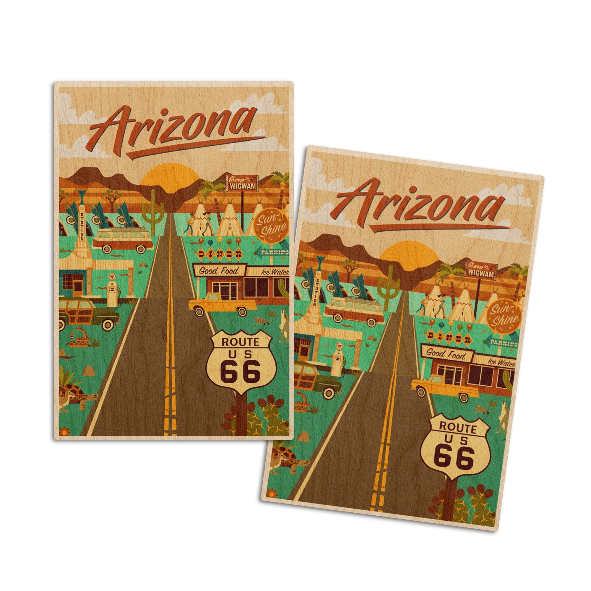 Arizona, Route 66, Geometric (4x6 Birch Wood Postcards, 2-Pack ...