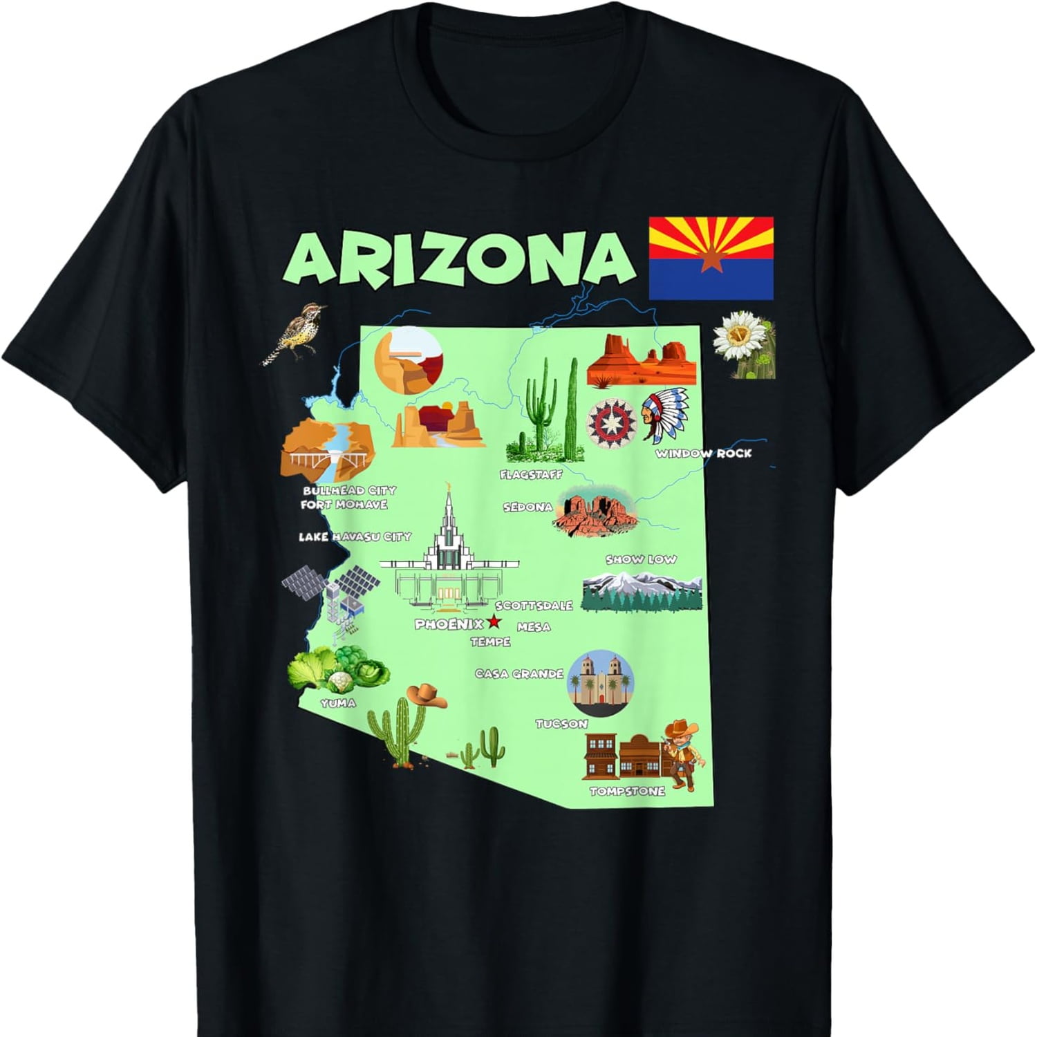 Arizona State Map T-S1Hirt US Tourist Attractions Cities F1lag T-S1Hirt ...