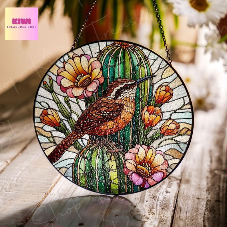 Arizona State Wren bird n Saguaro Cactus Glass SunCatcher Arizona bird ...