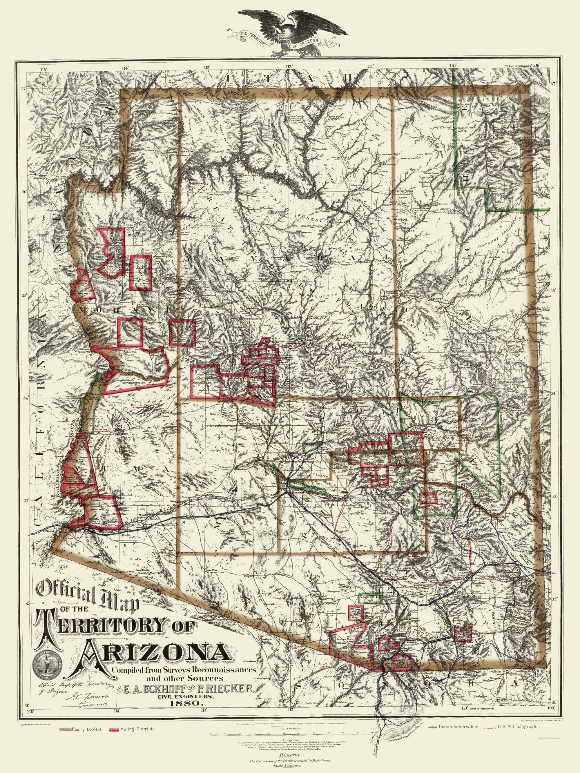 Historic State Map - Arizona Territory - Eckhoff 1880 - 23 x 30.65 ...