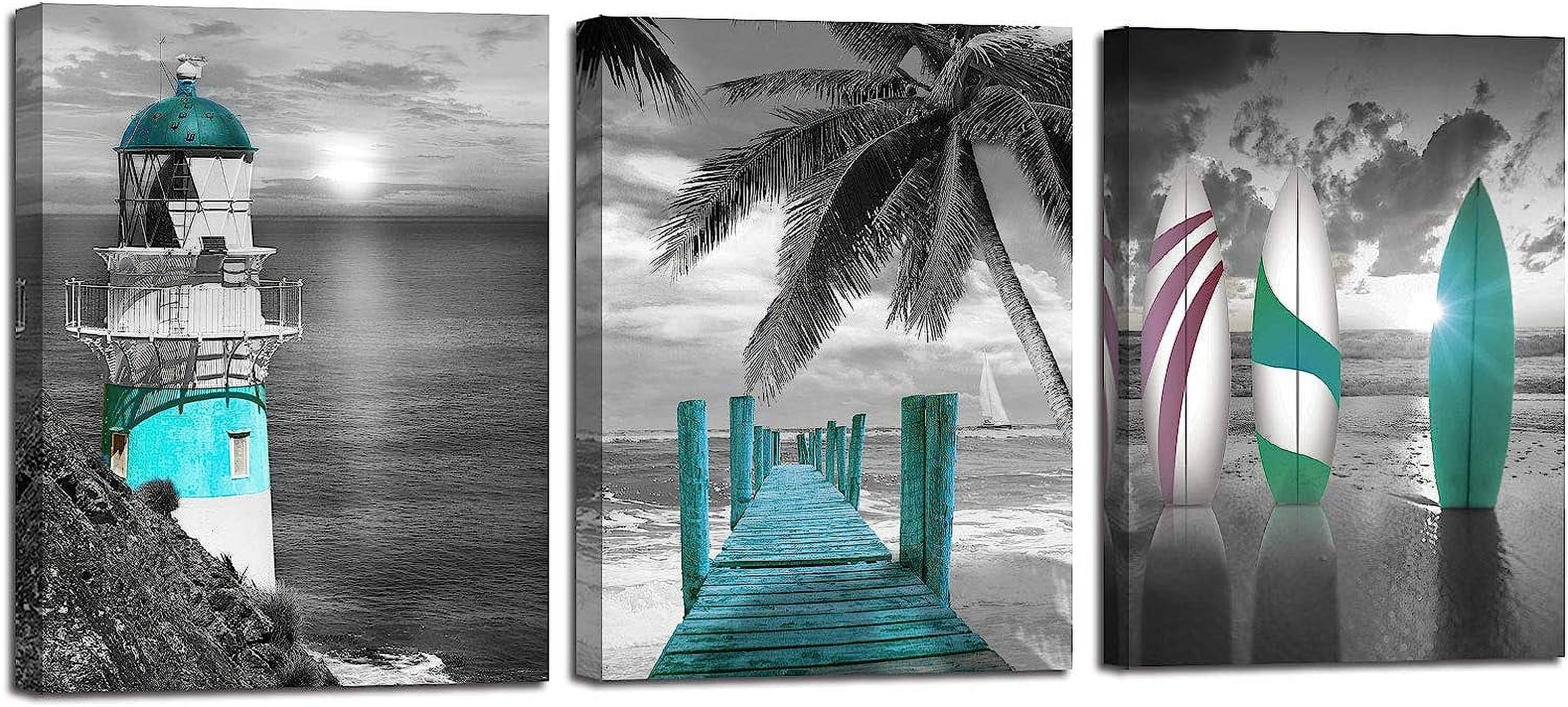 Arjun Teal Canvas Wall Art Ocean Lighthouse Painting Palm Tree ...