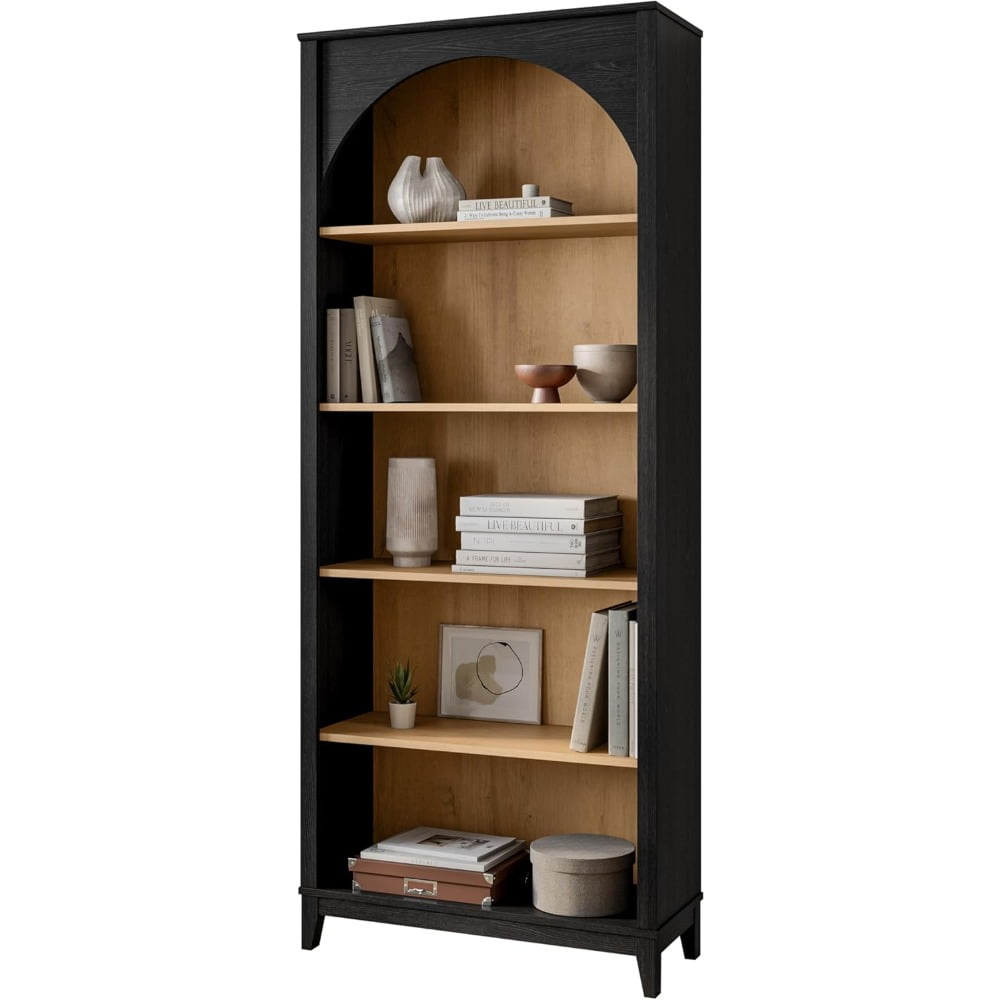 Ark 78" Tall 5-Tier Arched Bookcase, Black Oak with Oak Finish Interior ...