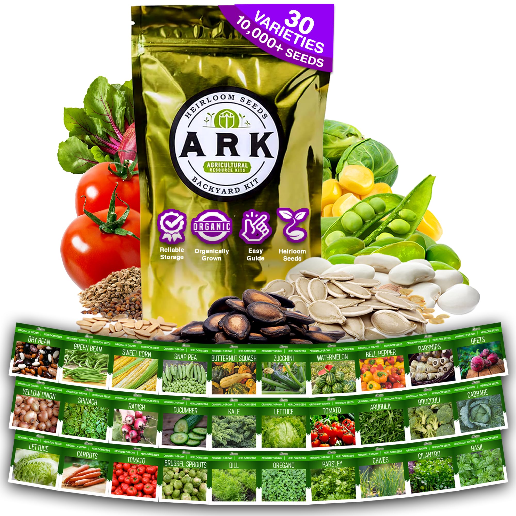 Ark Seed Kits-OrganicEGSC 30 Heirloom Varieties, Over 10,000 Non-GMO ...