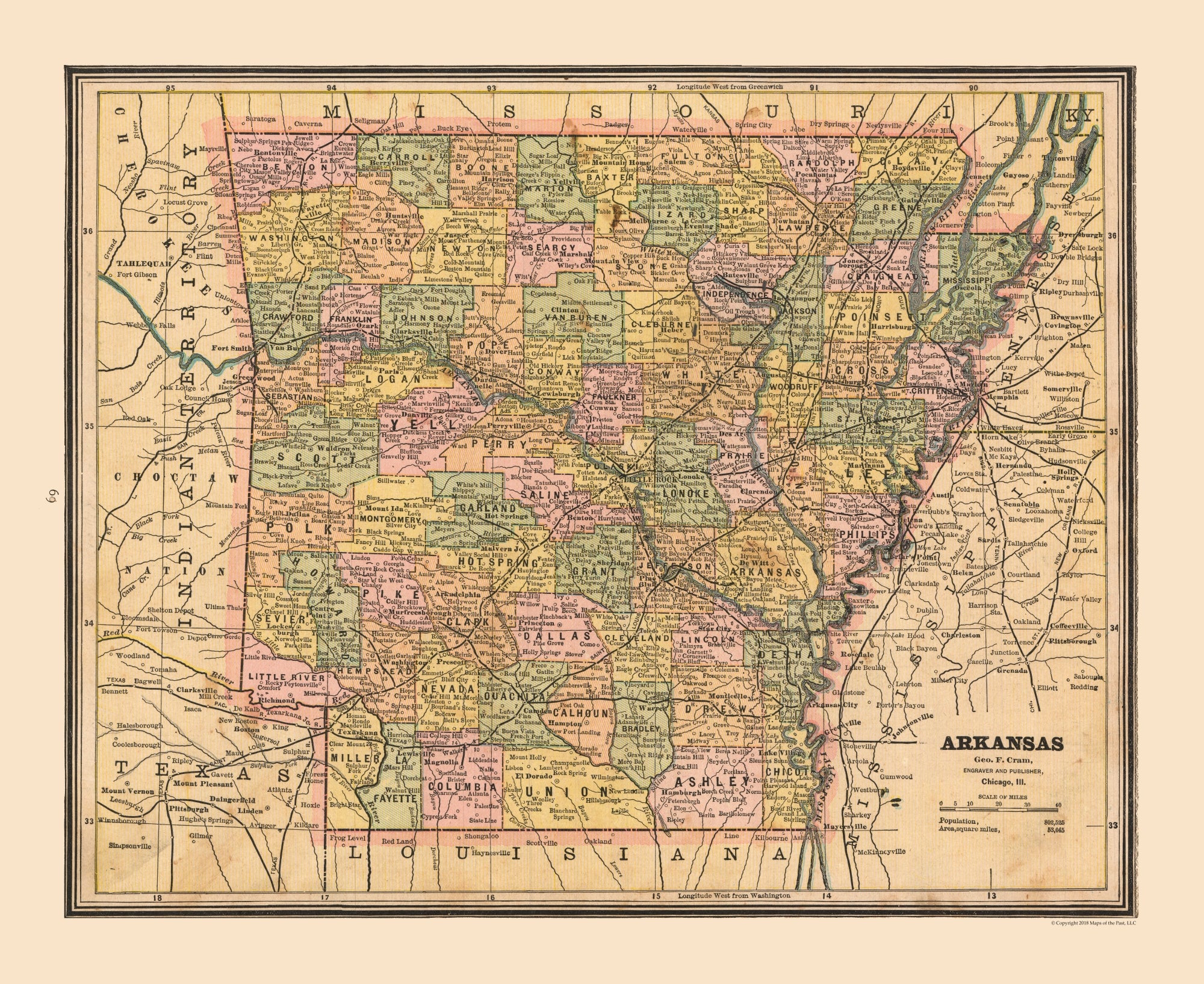 Historic State Map - Arkansas - Cram 1888 - 28.14 x 23 - Vintage Wall ...