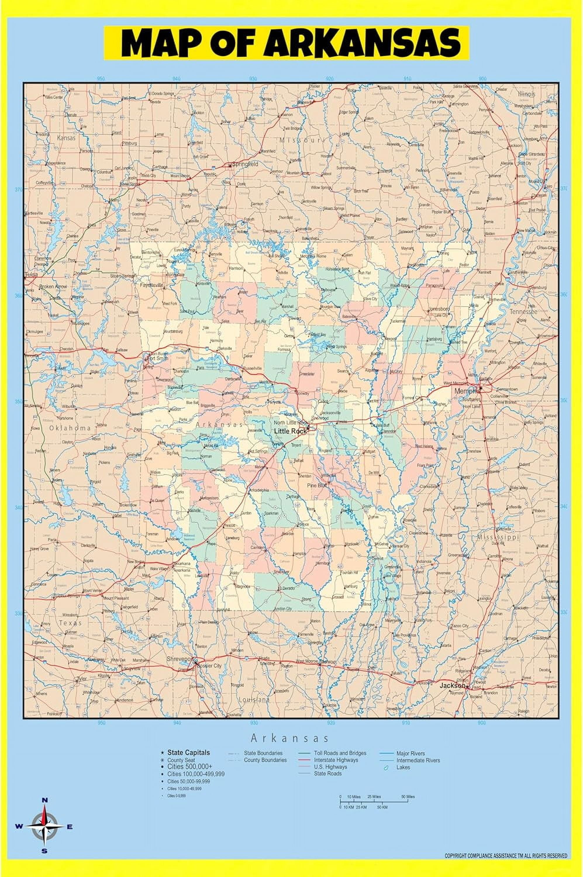 Arkansas Map Poster - Laminated Wall Map - Style C - 24x36 - Ideal for ...