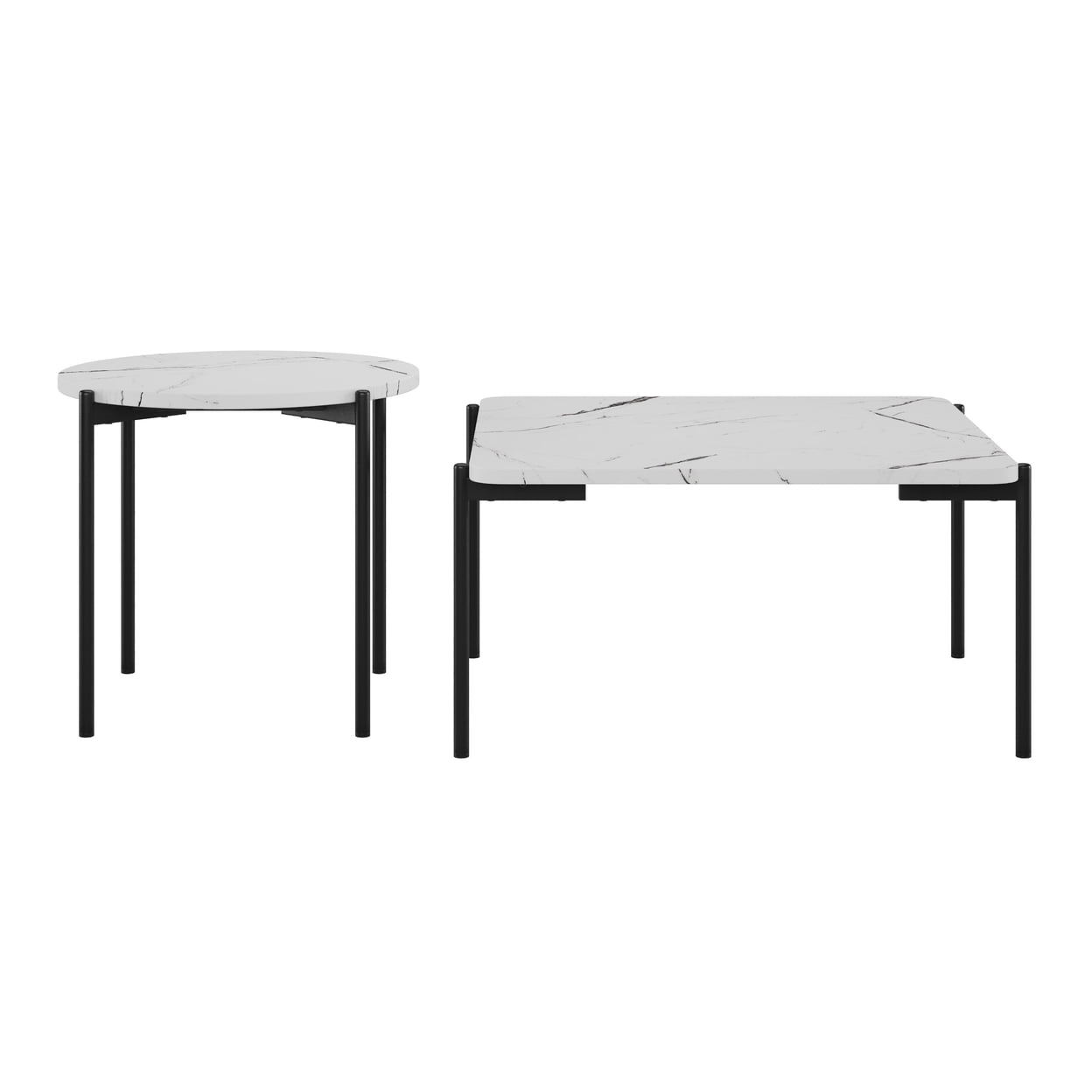 Arlo White Marbled Finish Coffee and Side Table Set with Black Metal ...