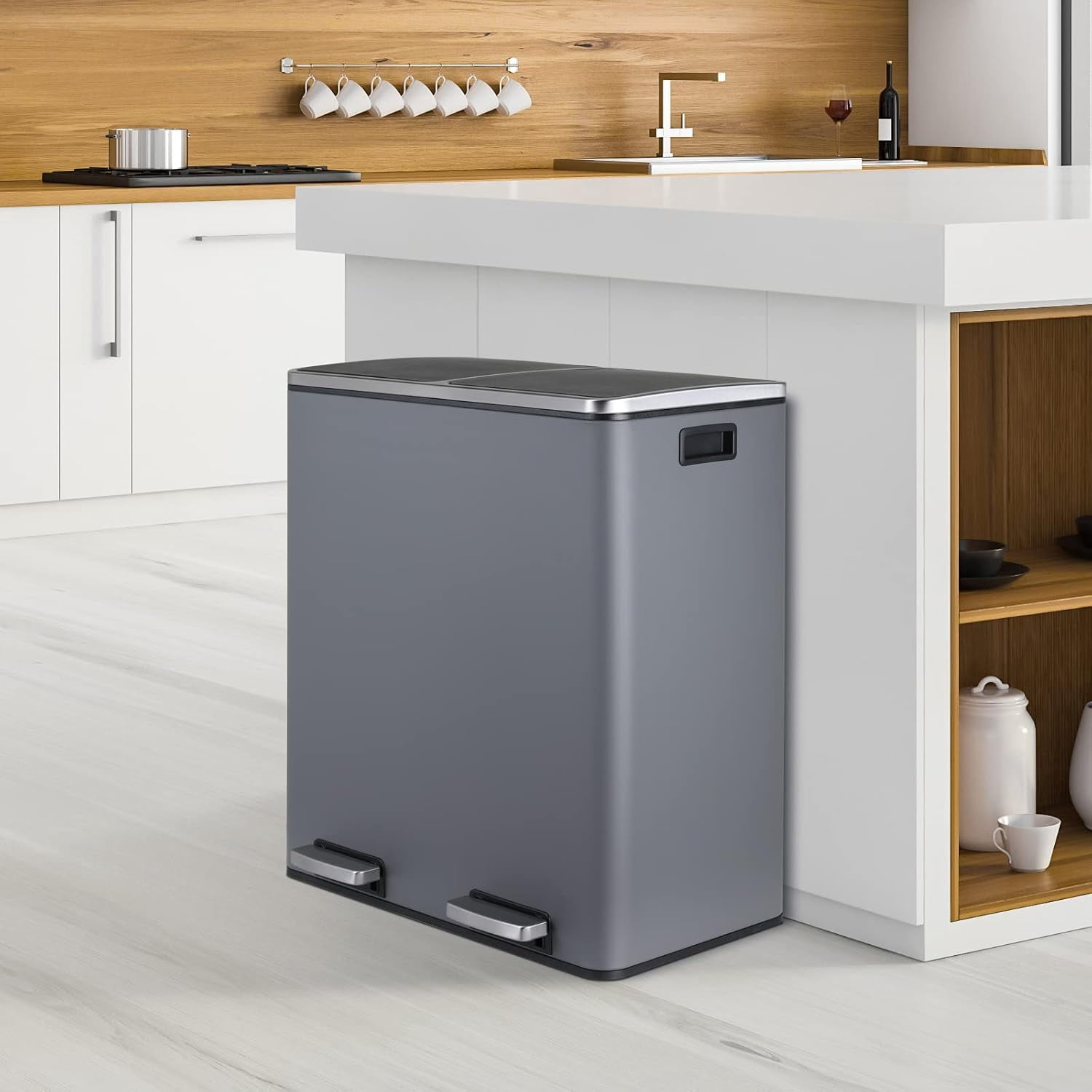 Arlopu Stainless Steel 16 Gallon Dual Trash Can with Foot Pedal ...