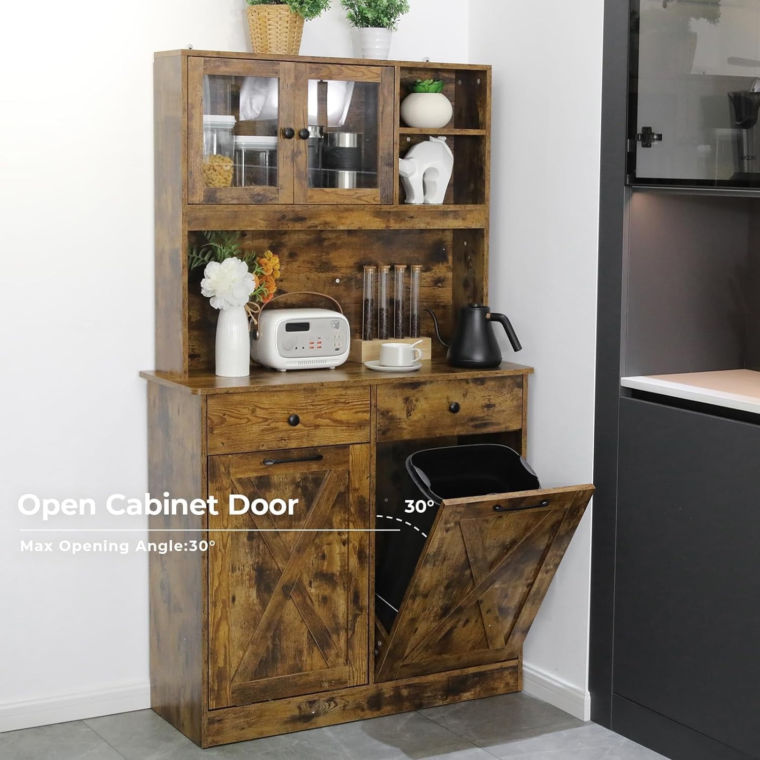 Arlopu Wooden Double Tilt Out Trash Cabinet with Drawers and Shelves ...
