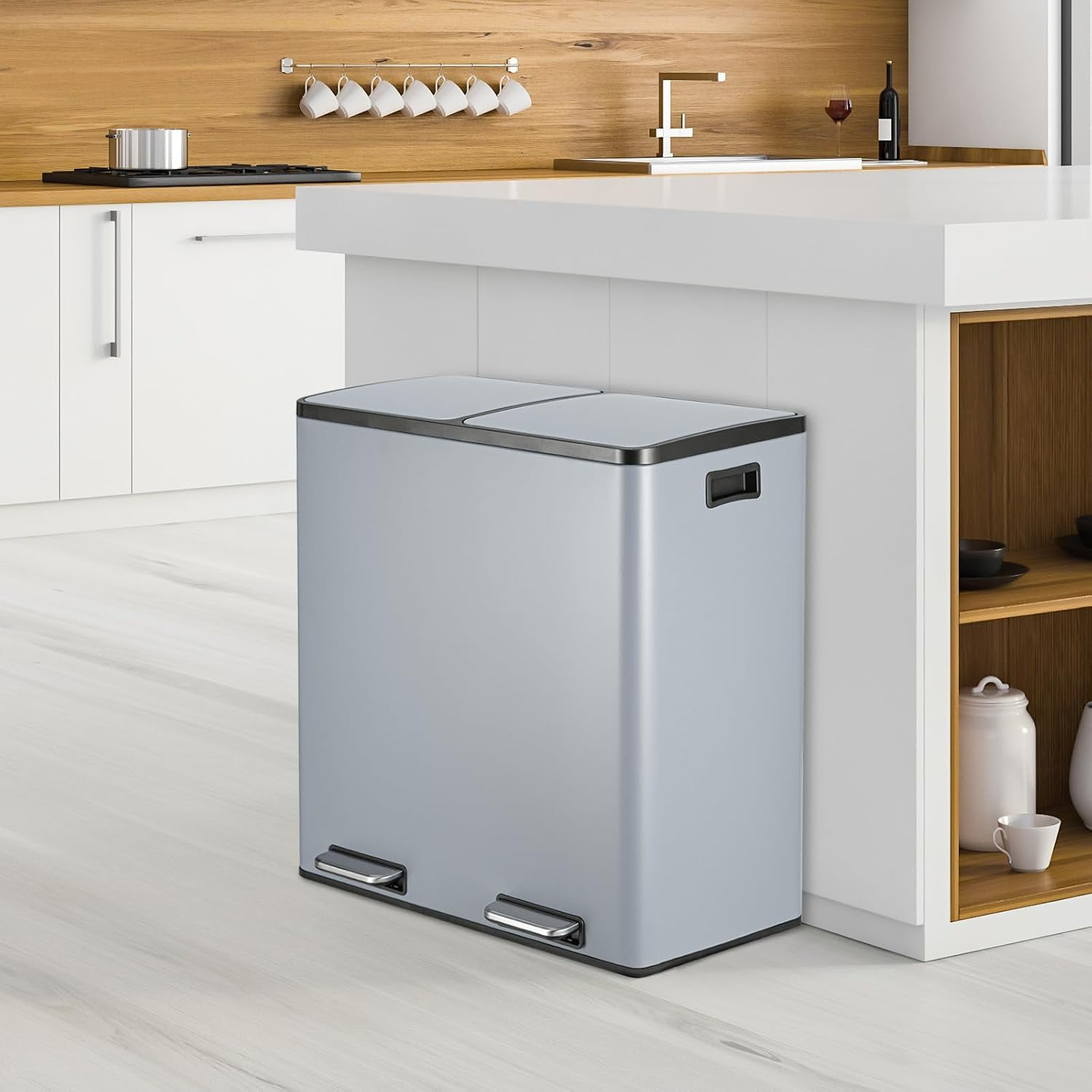 Arlopu 2 x 8 Gallon Dual Garbage Can Stainless Steel Kitchen Step Trash ...