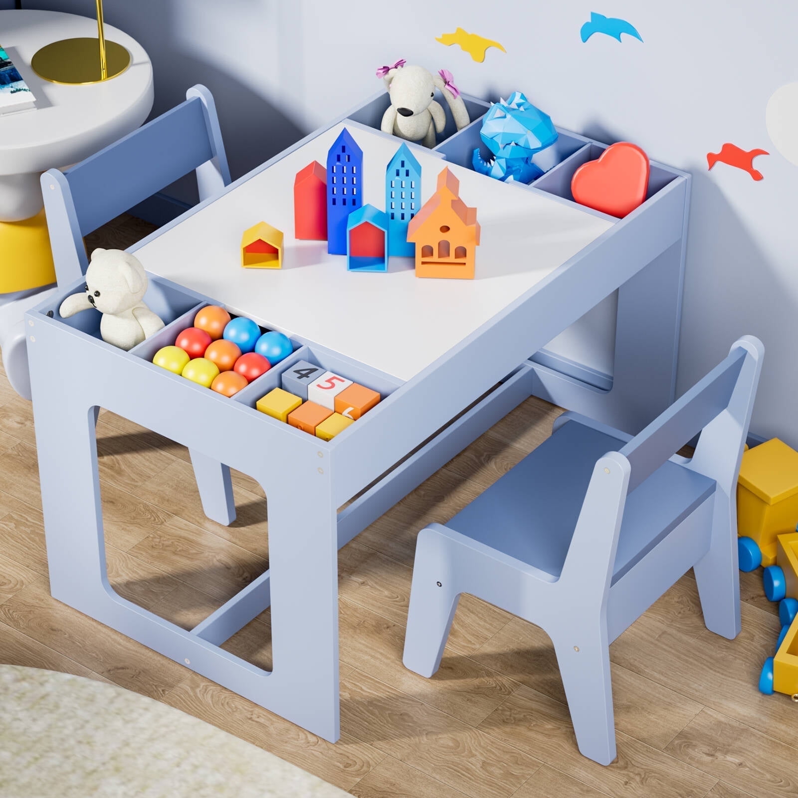 Arlopu 3-Piece Kids Table and Chairs Set Wooden Toddler Activity Desk ...