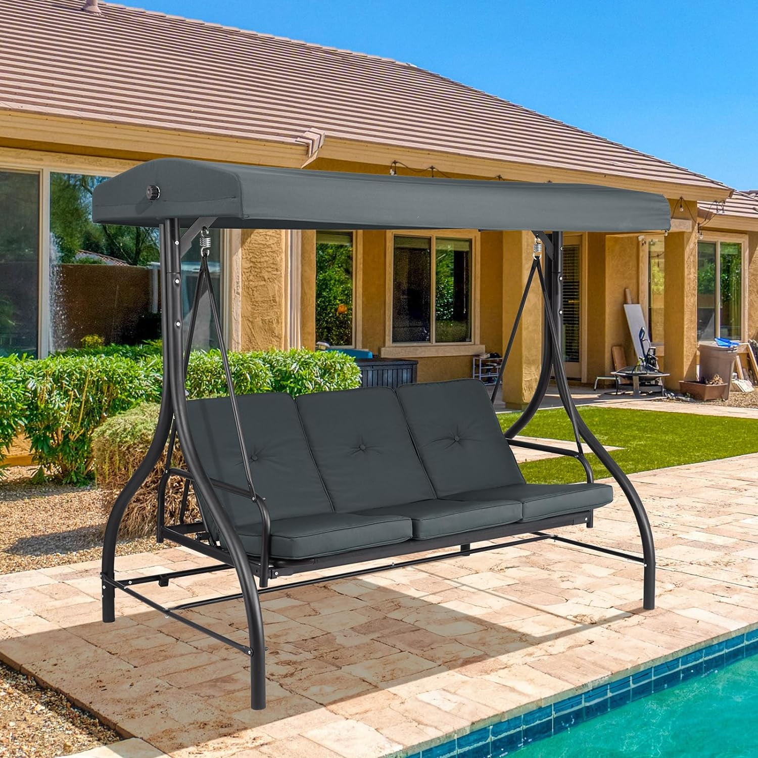 Arlopu 3-Seat Patio Swing Chair, Adjustable Canopy, Removable Cushions ...