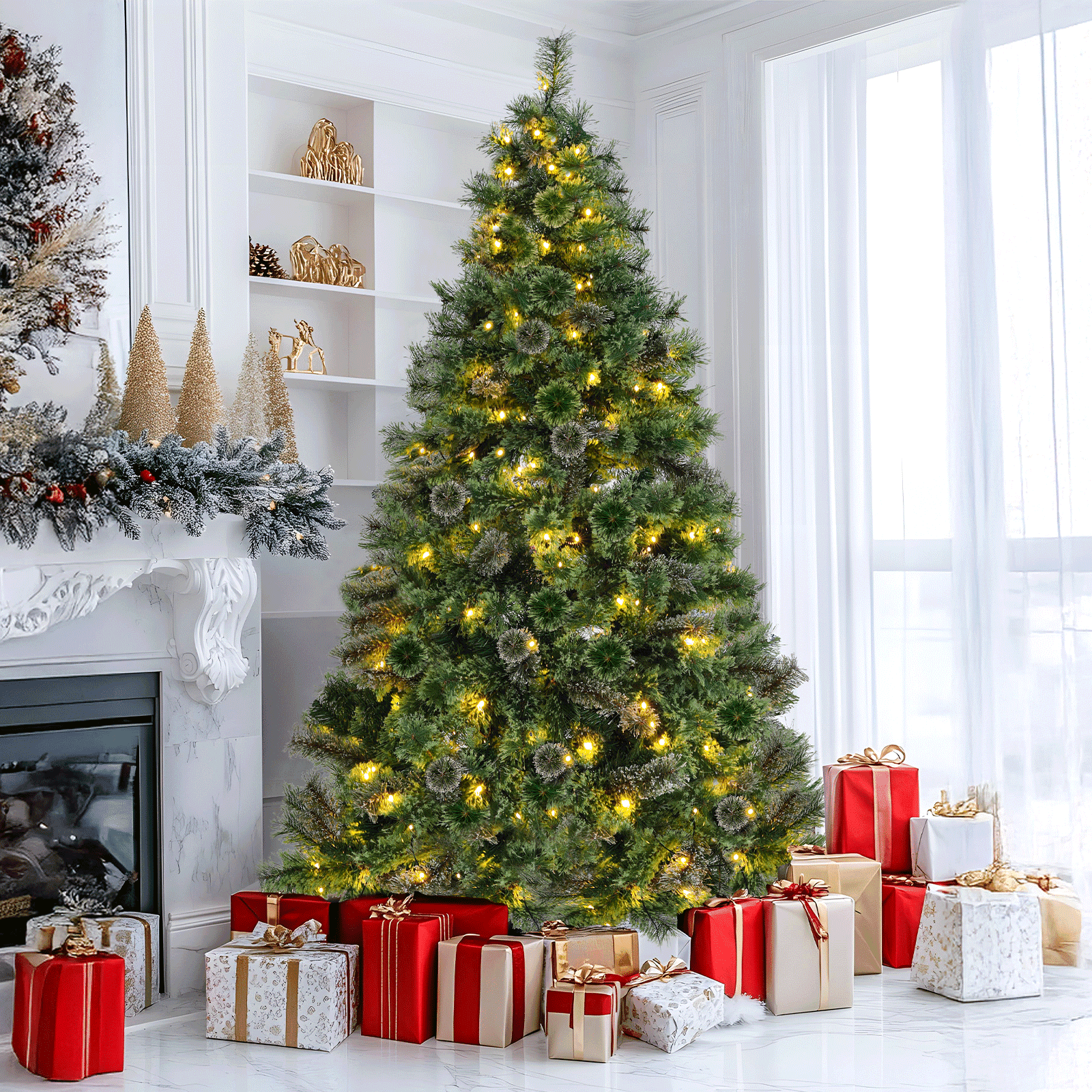 Arlopu 6FT Pre-lit Artificial Christmas Tree with 250 Warm & White ...