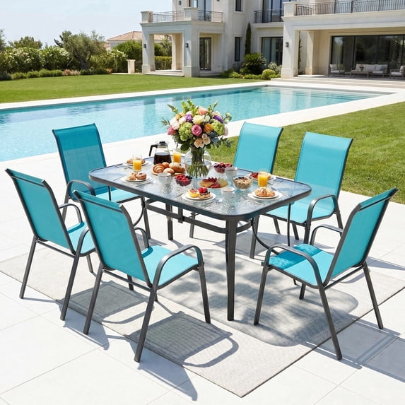 Arlopu 7pcs Patio Dining Set, Rectangular Glass Dining Table and 6 ...