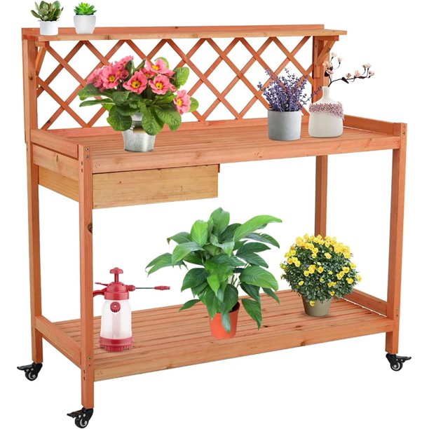 Arlopu Garden Potting Bench, Wooden Planting Table with Wheels, Outside ...