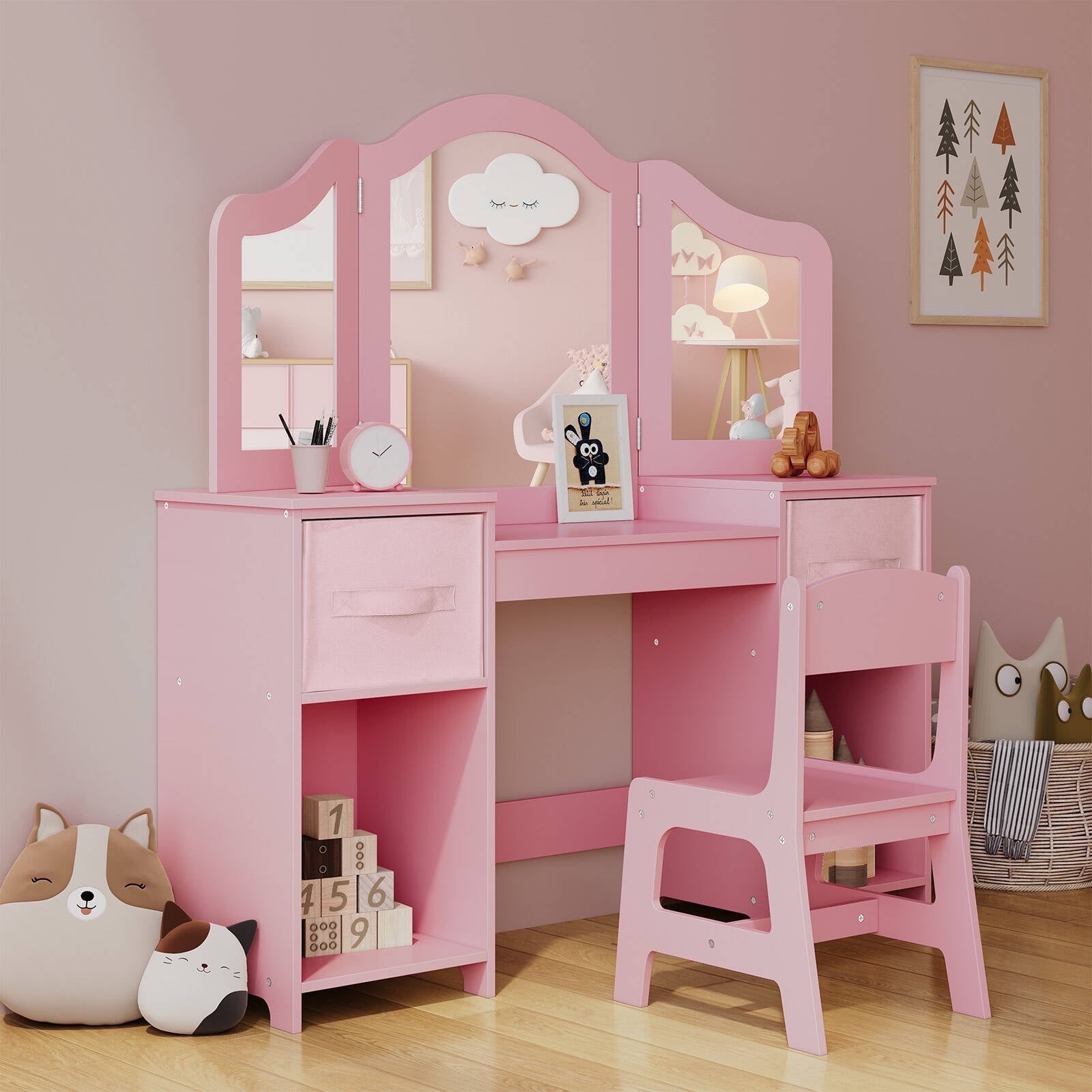 Arlopu Kids Vanity Table and Chair Set, Wooden Princess Makeup Dressing ...