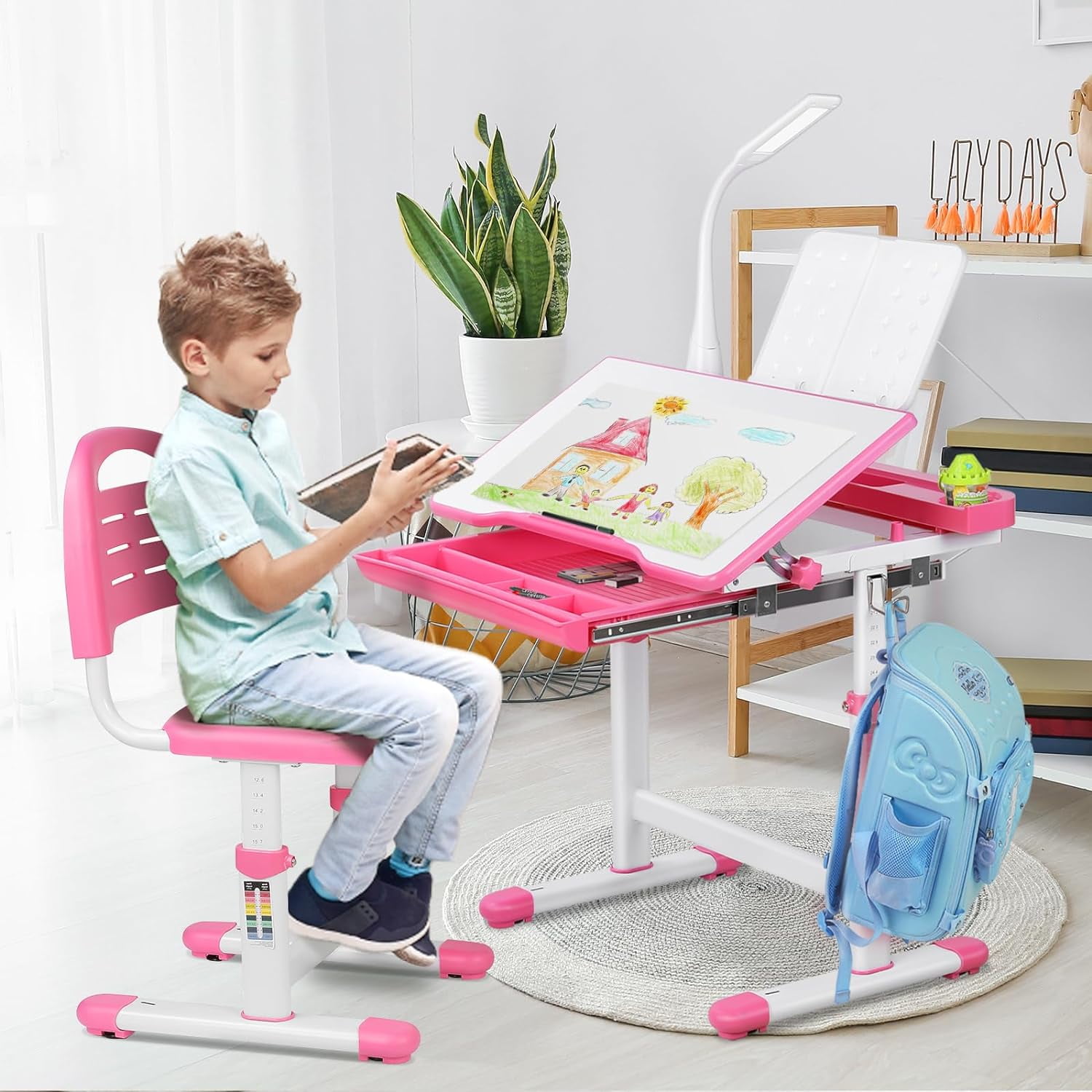 Arlopu Kids Desk & Chair Set, Adjustable Height, LED Lamp, Tiltable ...