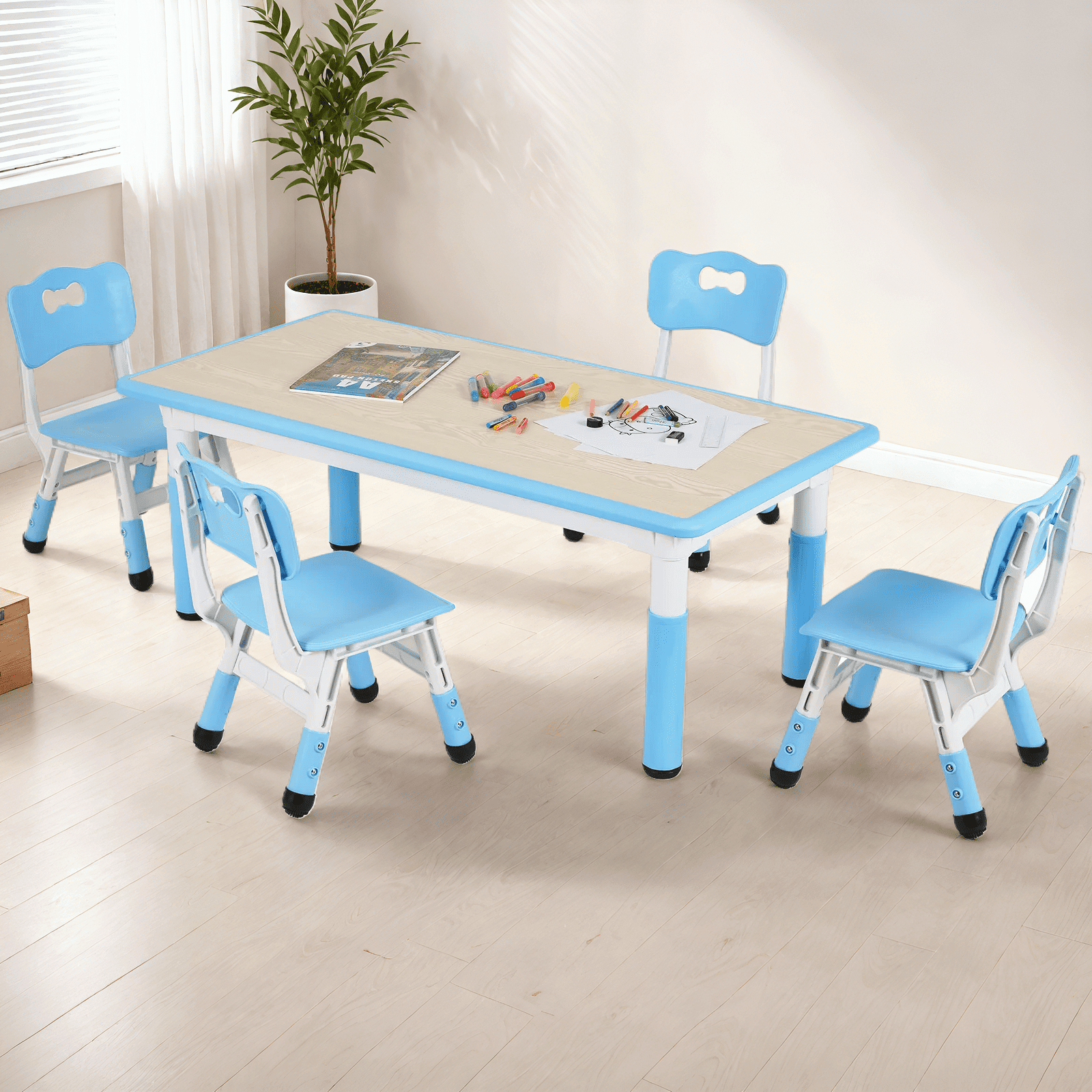 Arlopu Kids Plastic Table and 4 Chairs Set, Adjustable Height, Toddler ...