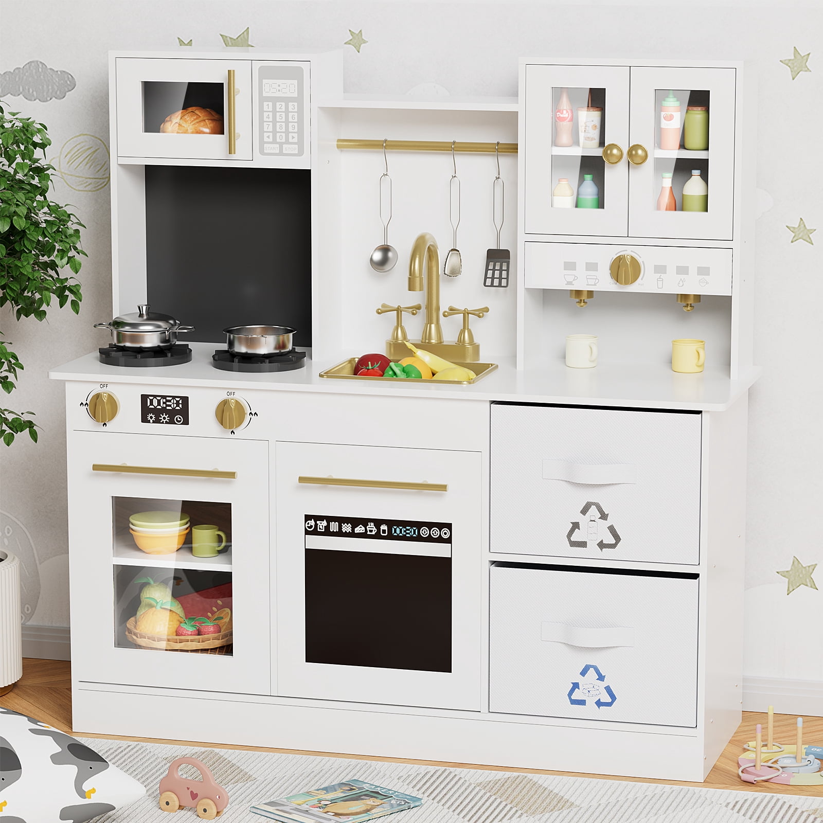 Arlopu Kids Play Kitchen, Wooden Kitchen Playset w/ Cookware ...