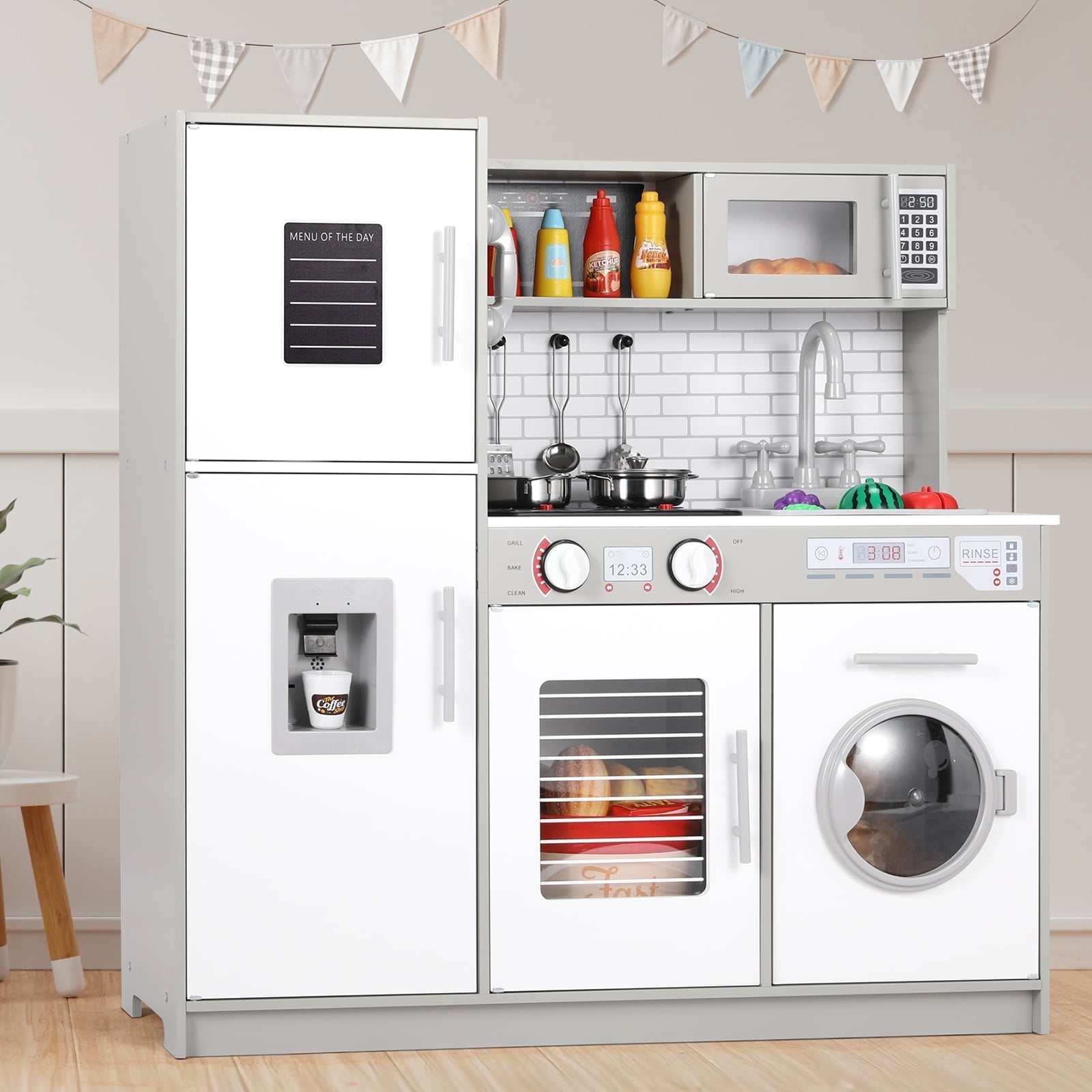 Arlopu Kids Play Kitchen, Wooden Pretend Kitchen Playset Interactive ...
