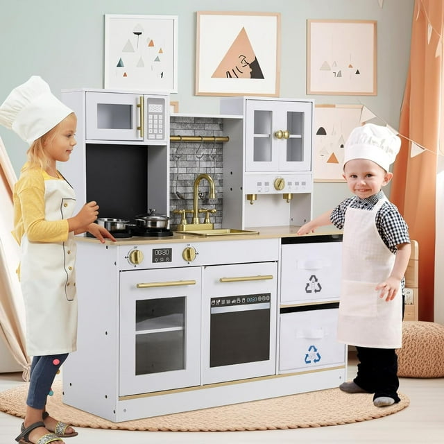 Arlopu Kids Play Kitchen Set, Wooden Kitchen Cooking Playset Toddler ...