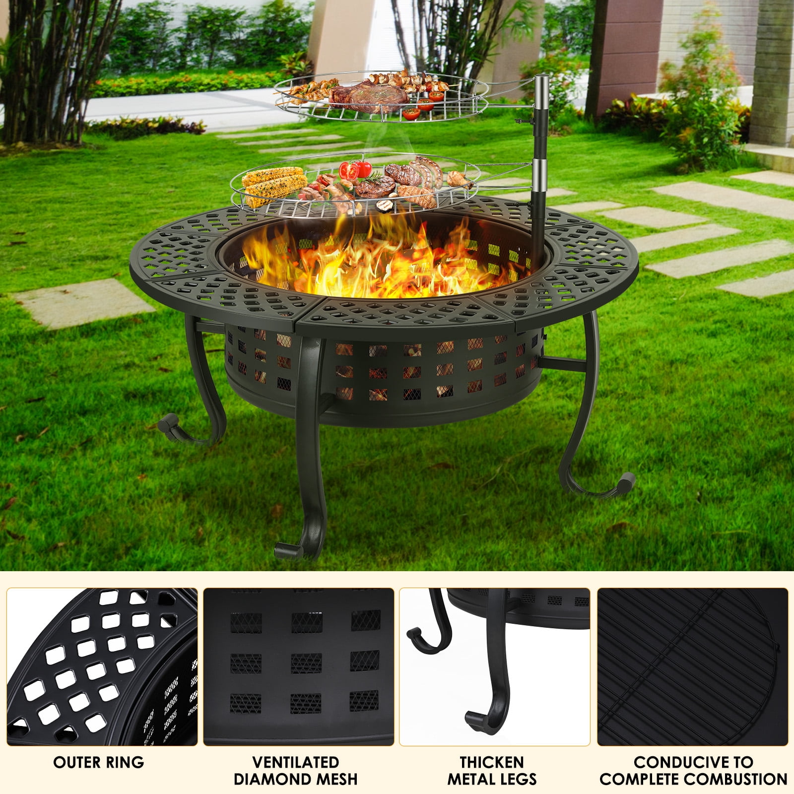 Arlopu Metal Fire Pit for Outside, 37'' Round Fire Pit Patio Wood ...