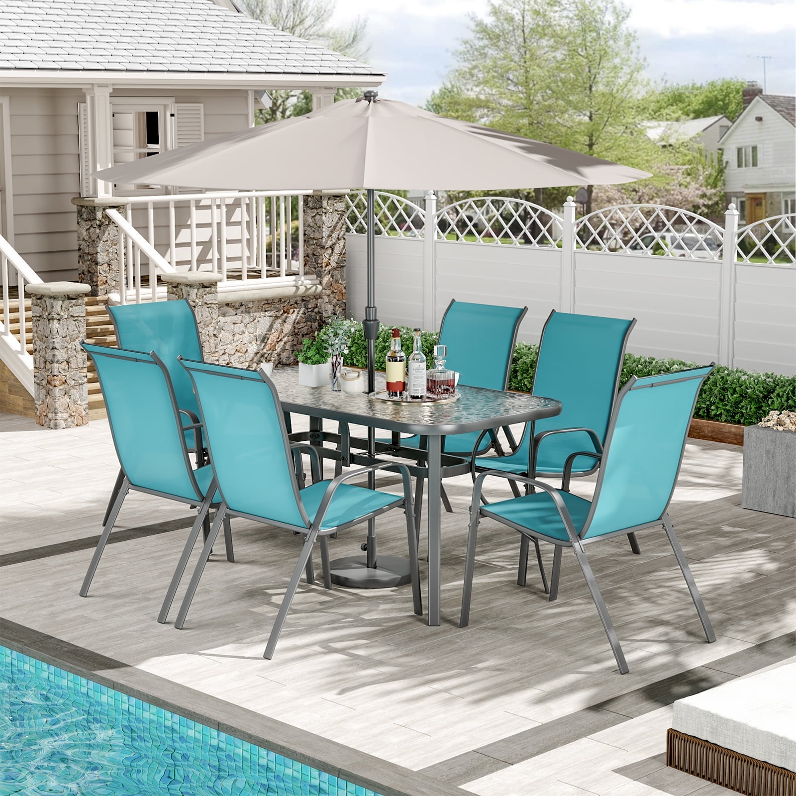 Arlopu Outdoor Furniture Table and 6 Textilene Chairs with Umbrella ...