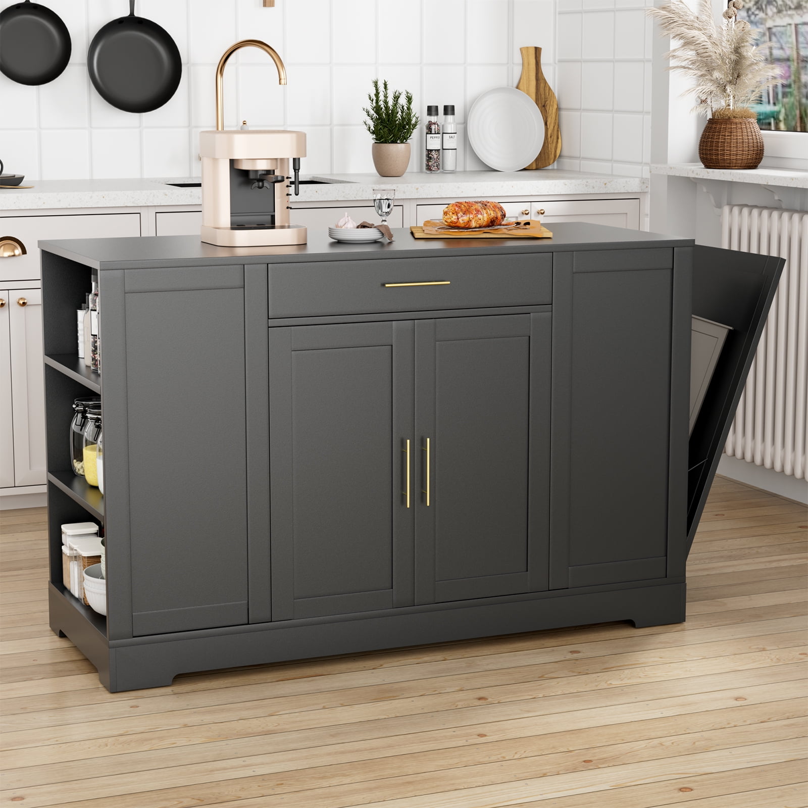 Arlopu, Portable Kitchen Island with Trash Can Storage Cabinet, 52 ...