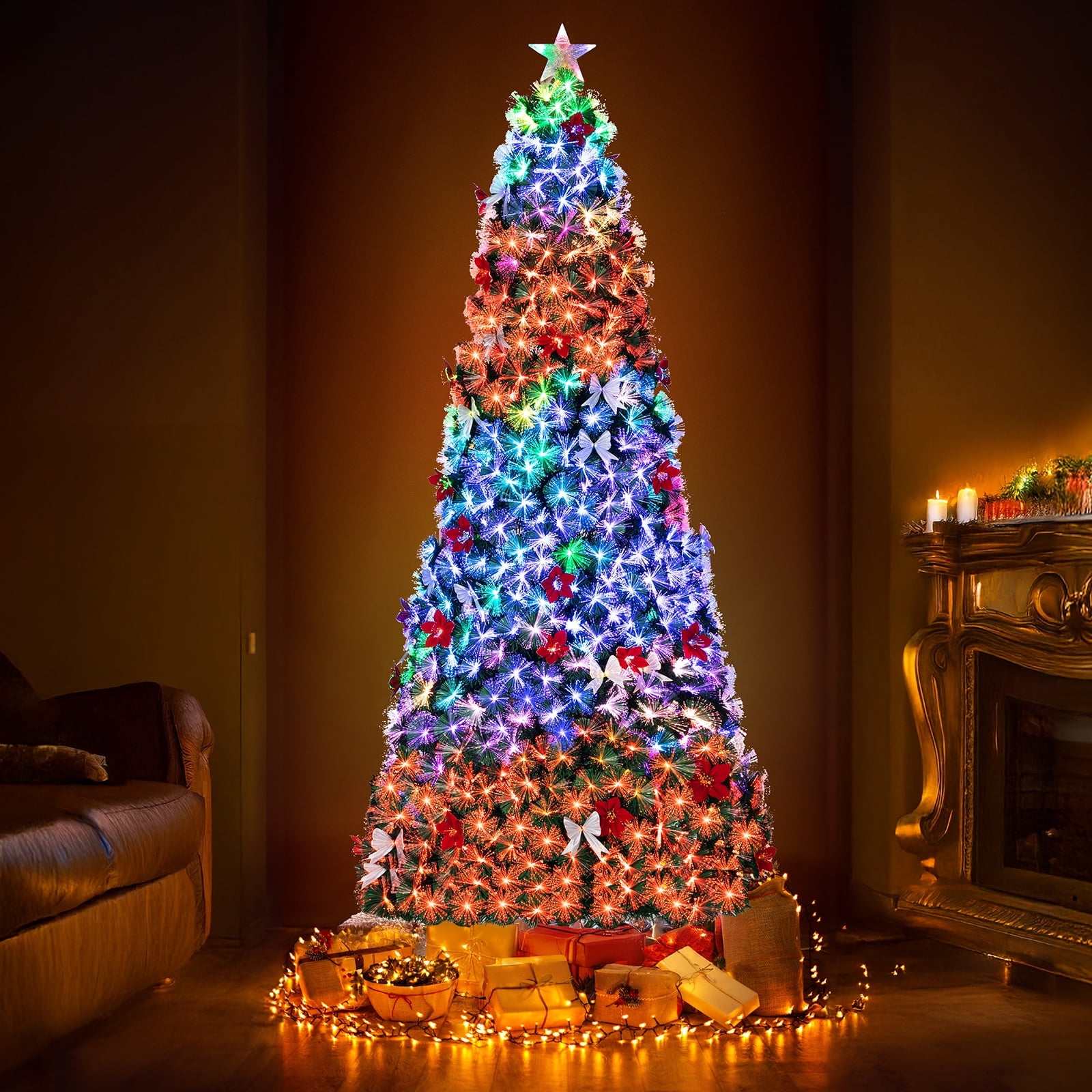 Arlopu 10ft Fiber Optic Artificial Christmas Tree, Pre-Lit Xmas Tree ...