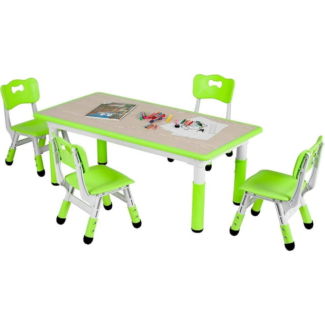 Arlopu Kids Table and Chairs Set, Rectangular Plastic Activity Table, Height Adjustable, 4 ...