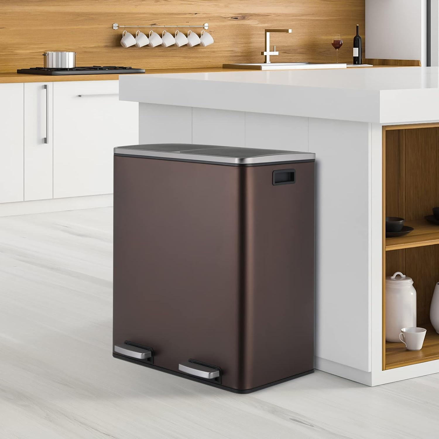 Arlopu Stainless Steel Dual Garbage Can, 16 Gallon/60L, Recycling Bin ...
