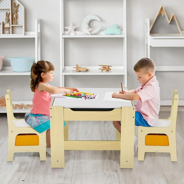 Arlopu Wooden Kids Table and 2 Chairs Set, 3-Piece Children Activity ...