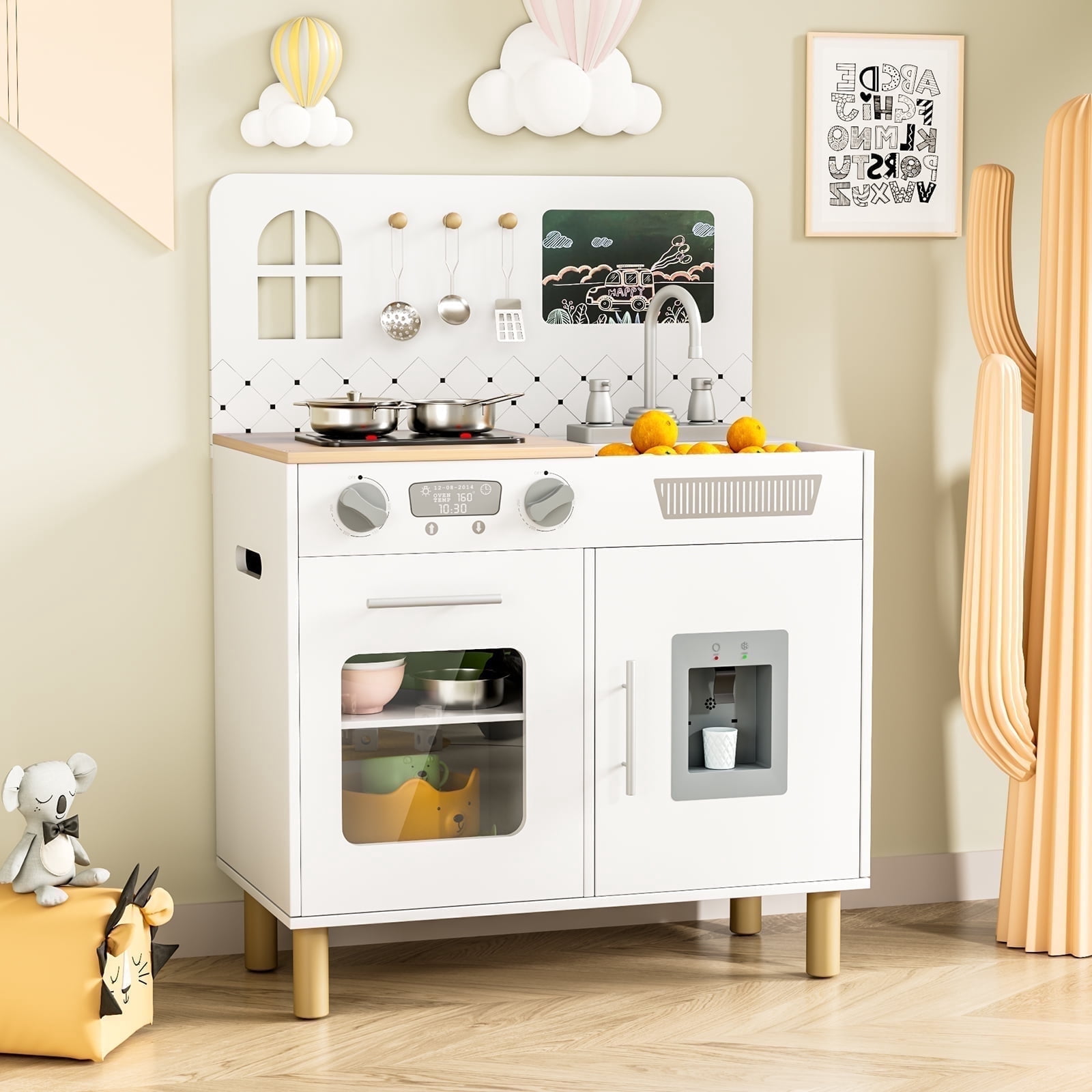 Arlopu Kids Play Kitchen, Wooden Pretend Kitchen Playset with Realistic ...