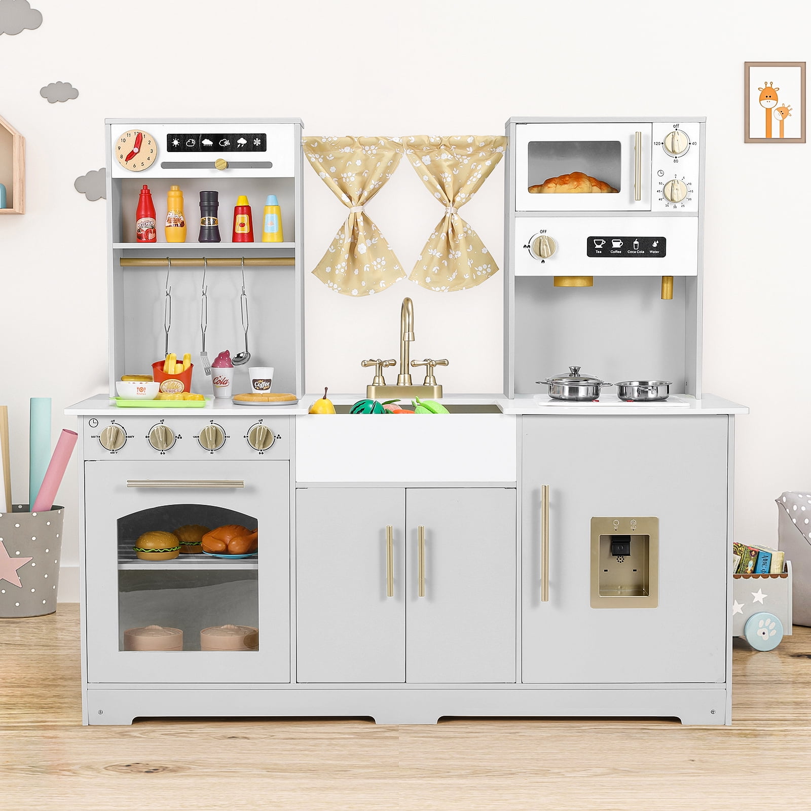Arlopu Wooden Play Kitchen for Kids, Toolder Cooking Pretend Play Set ...
