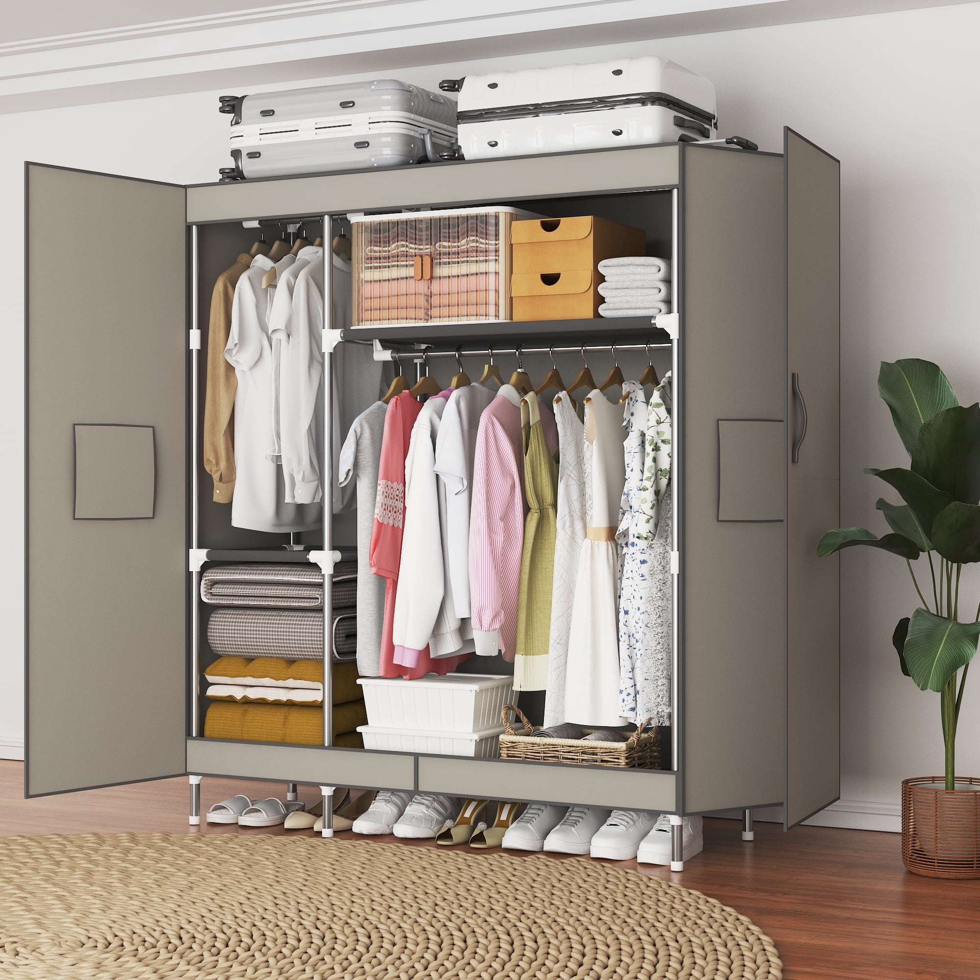 Arlukin 49.2-inch portable wardrobe, double doors, 1 long hanging rod ...