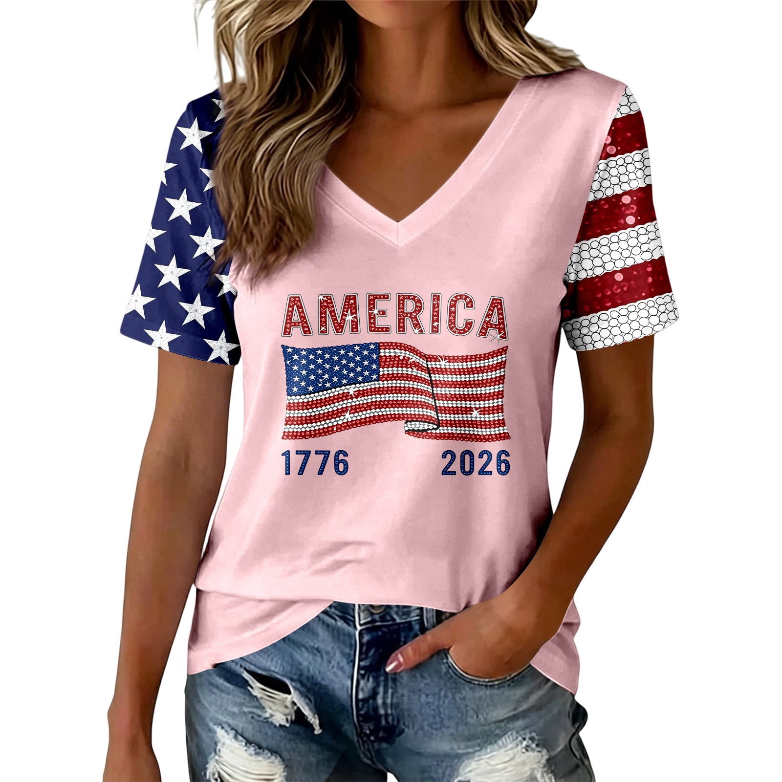 Arlun 250th Anniversary USA Shirt Women 1776-2026 American Flag Print V ...