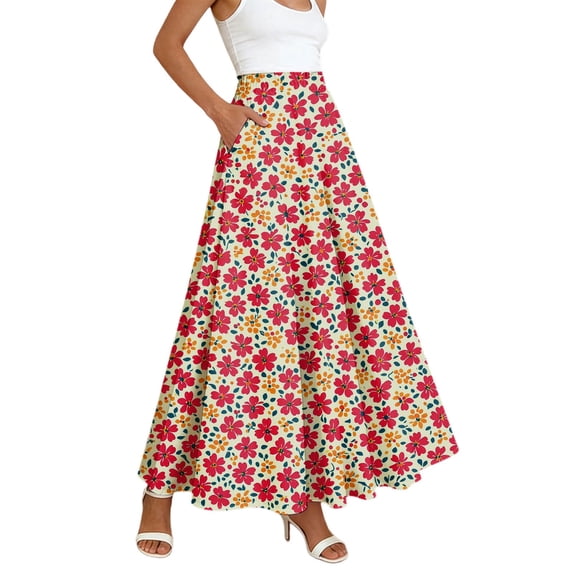 Arlun Bohemian Long Skirts for Women Elastic High Waist Floral Pleated ...