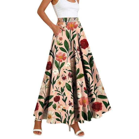 Arlun Bohemian Long Skirts for Women Elastic High Waist Floral Pleated ...